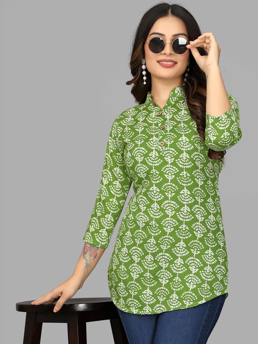 Buy MAHUDI Women Green Floral Printed Mandarin Collar Cotton Kurti ...