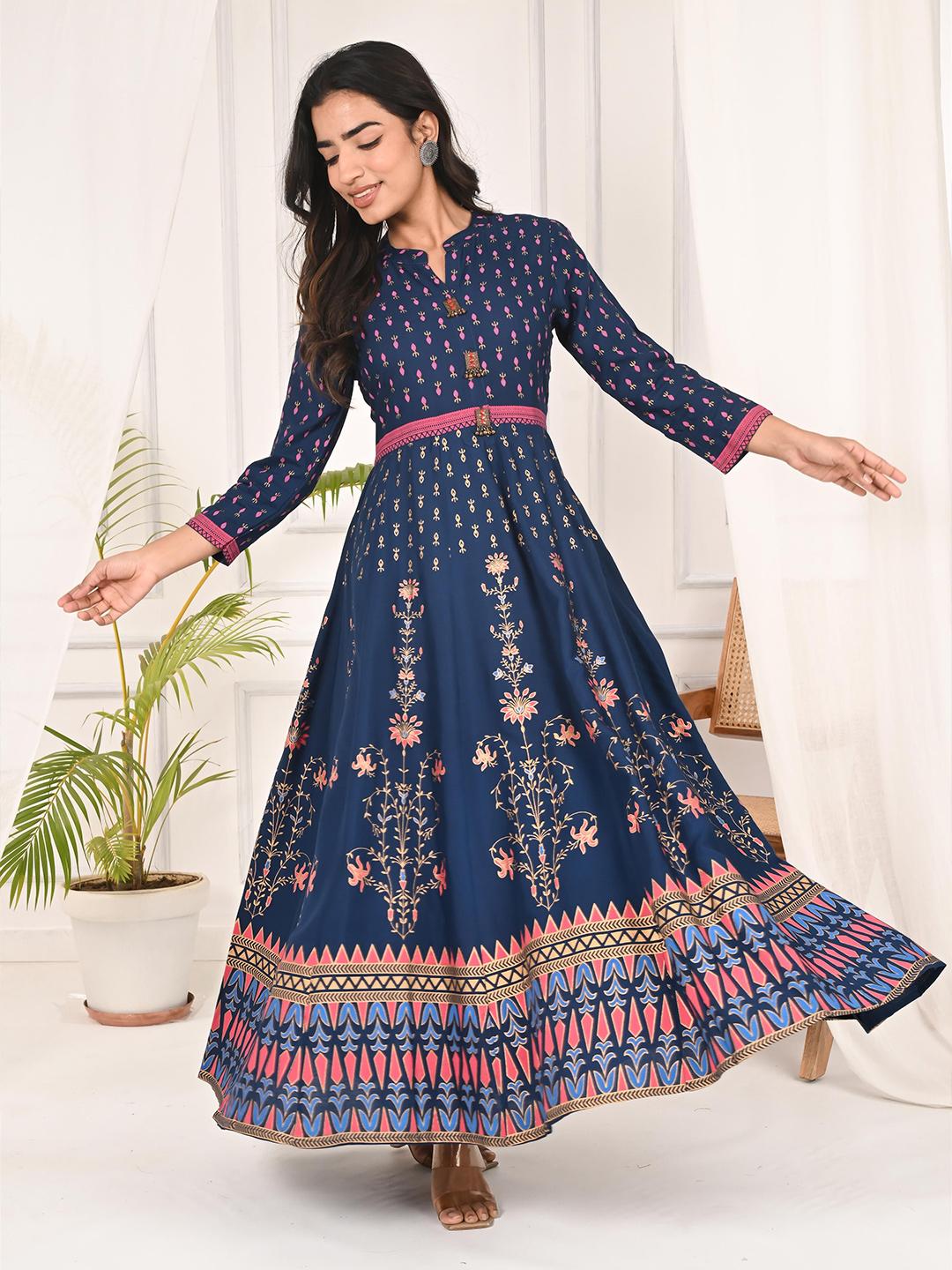 Buy INDULI Women Ethnic Motifs Printed Fit And Flare Maxi Dress ...