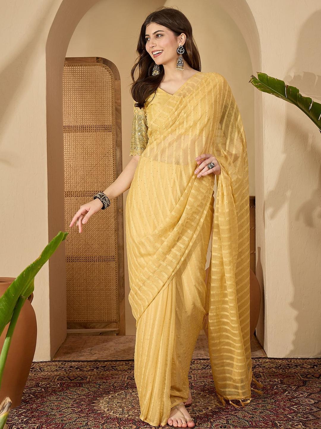 Buy Sangria Striped Sheer Saree With Unstitched Blouse - Sarees for ...