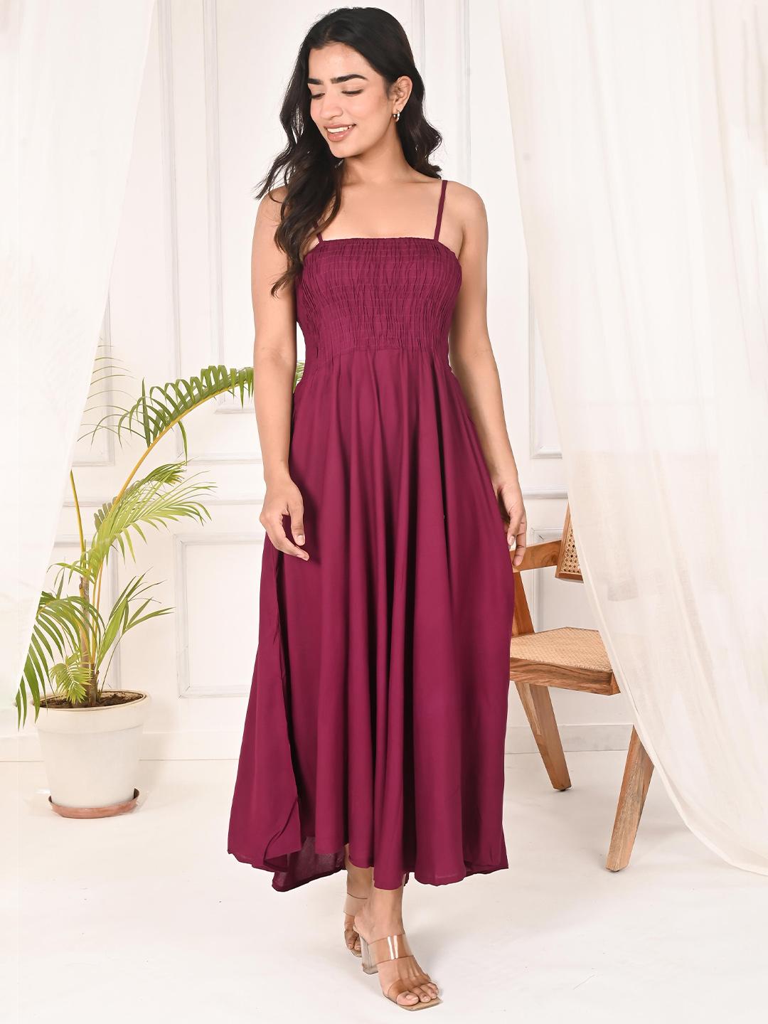 Buy INDULI Women Shoulder Straps Smocked Fit & Flare Midi Dress ...