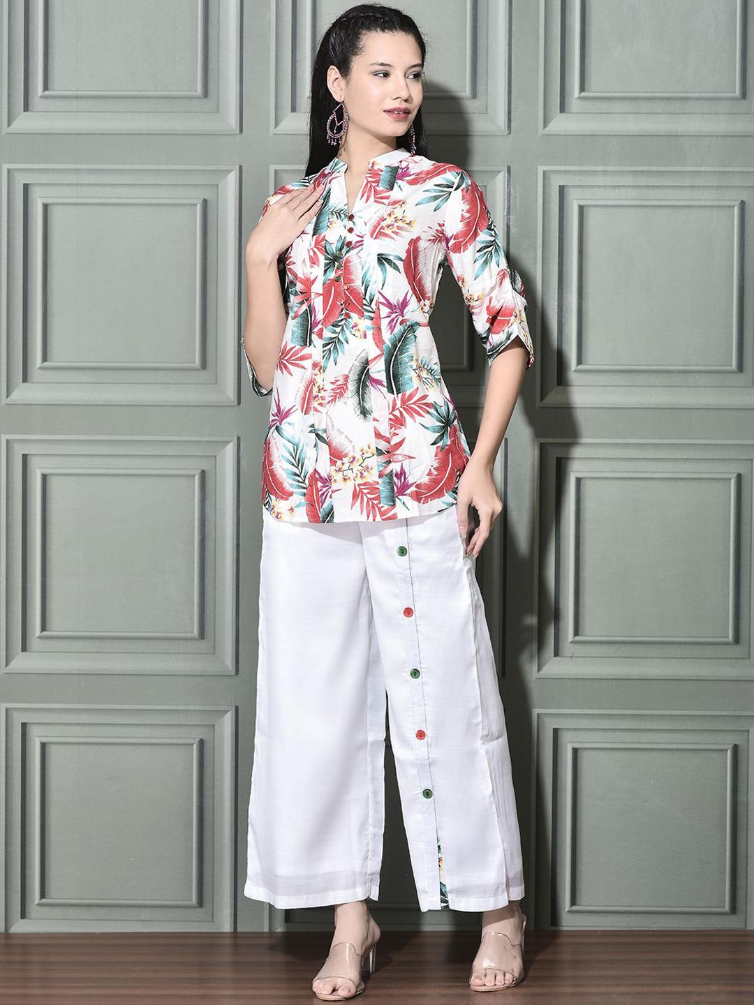 Buy FFU Printed Mandarin Collar Tunic With Palazzos - Co Ords for Women ...