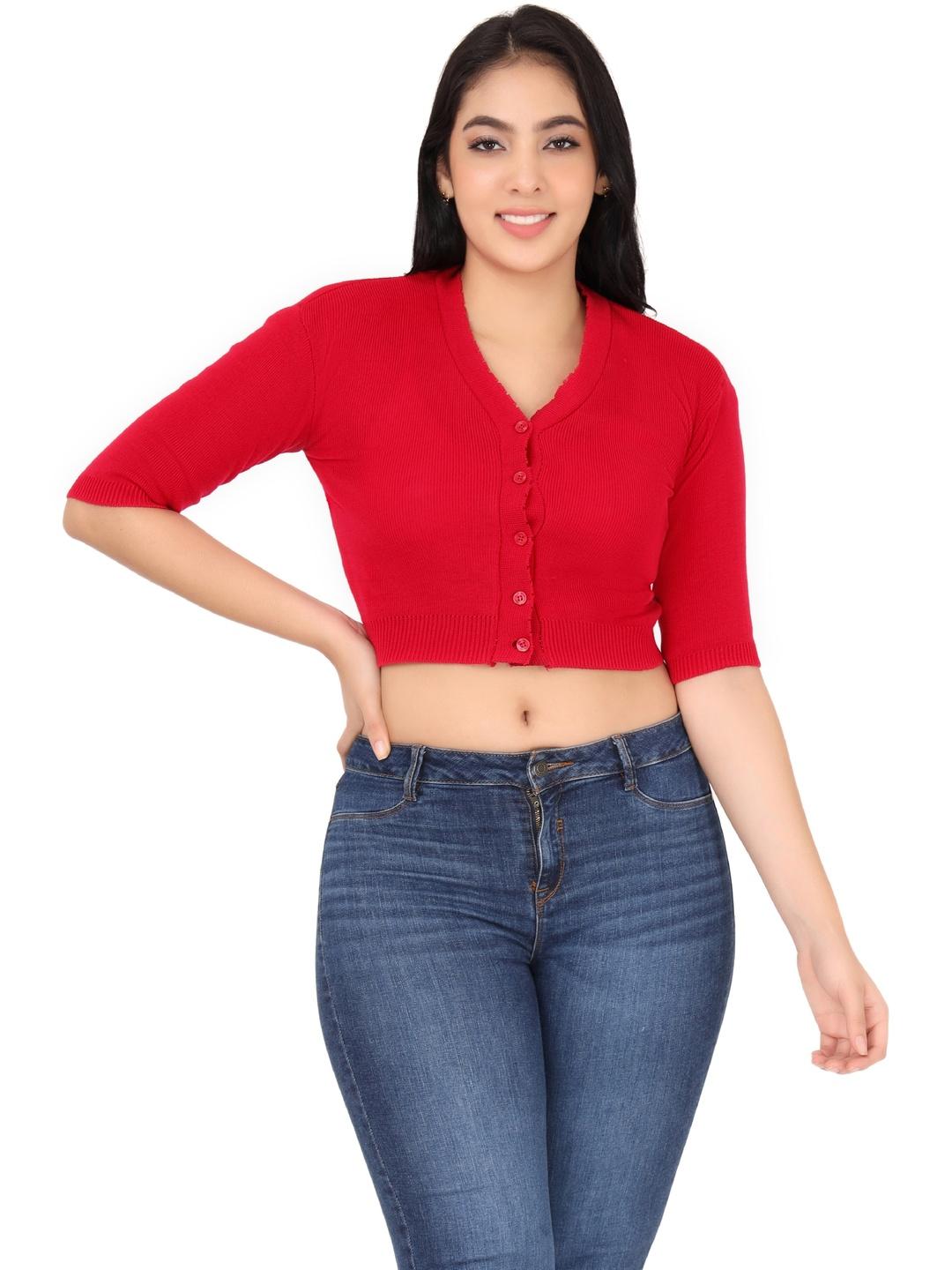 Buy FEMULA Women Red V Neck Three Quarter Sleeves Ribbed Woolen Crop ...
