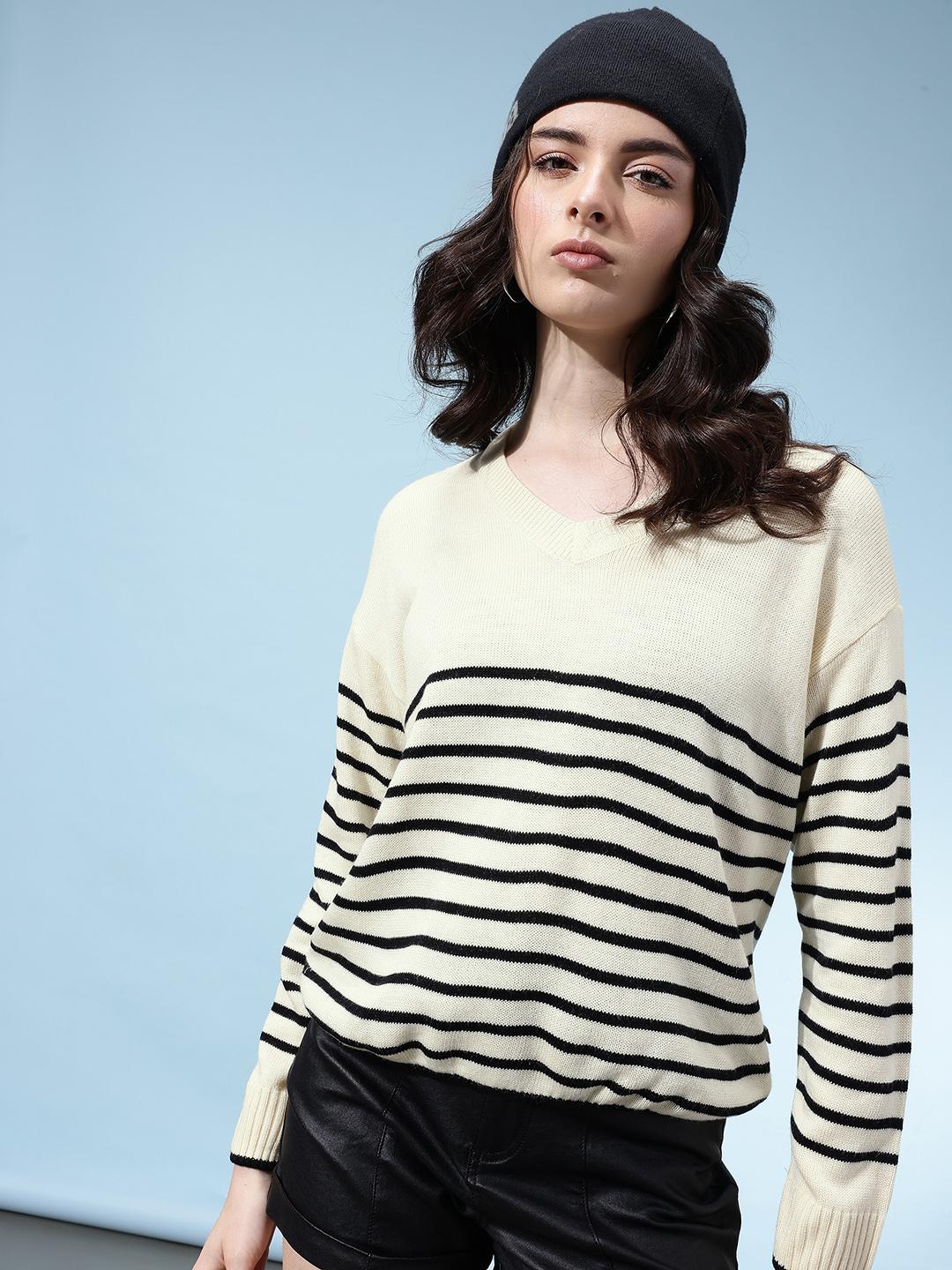 Buy Glitchez Horizontally Self Striped V Neck Drop Sleeves Acrylic ...