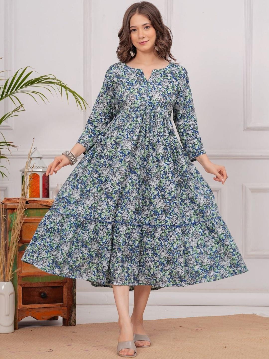 Buy Here&Now Women Floral Printed Pure Cotton Fit & Flare Dress ...
