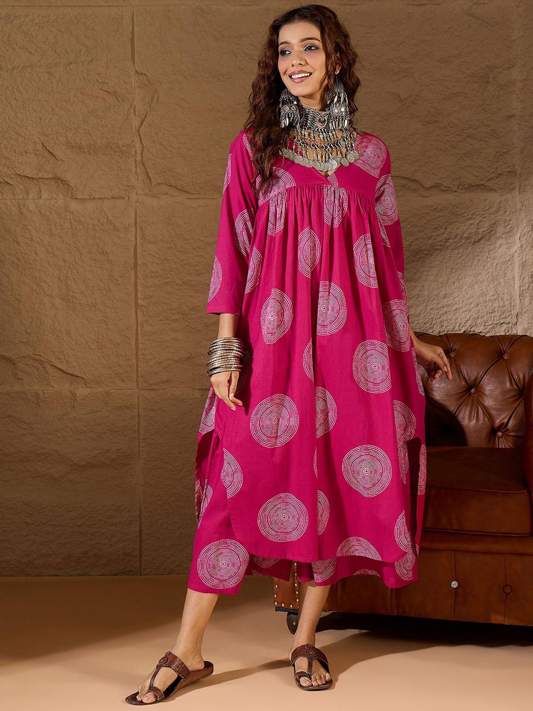 Buy InWeave Geometric Printed V Neck A Line Pure Cotton Kurta With Palazzos - Kurta Sets for ...