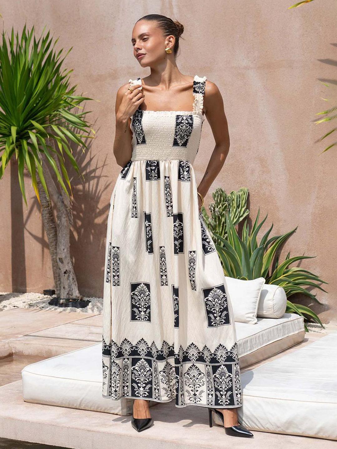 Buy JC Mode Women Ethnic Motifs Printed Smocked Fit & Flare Maxi Dress ...