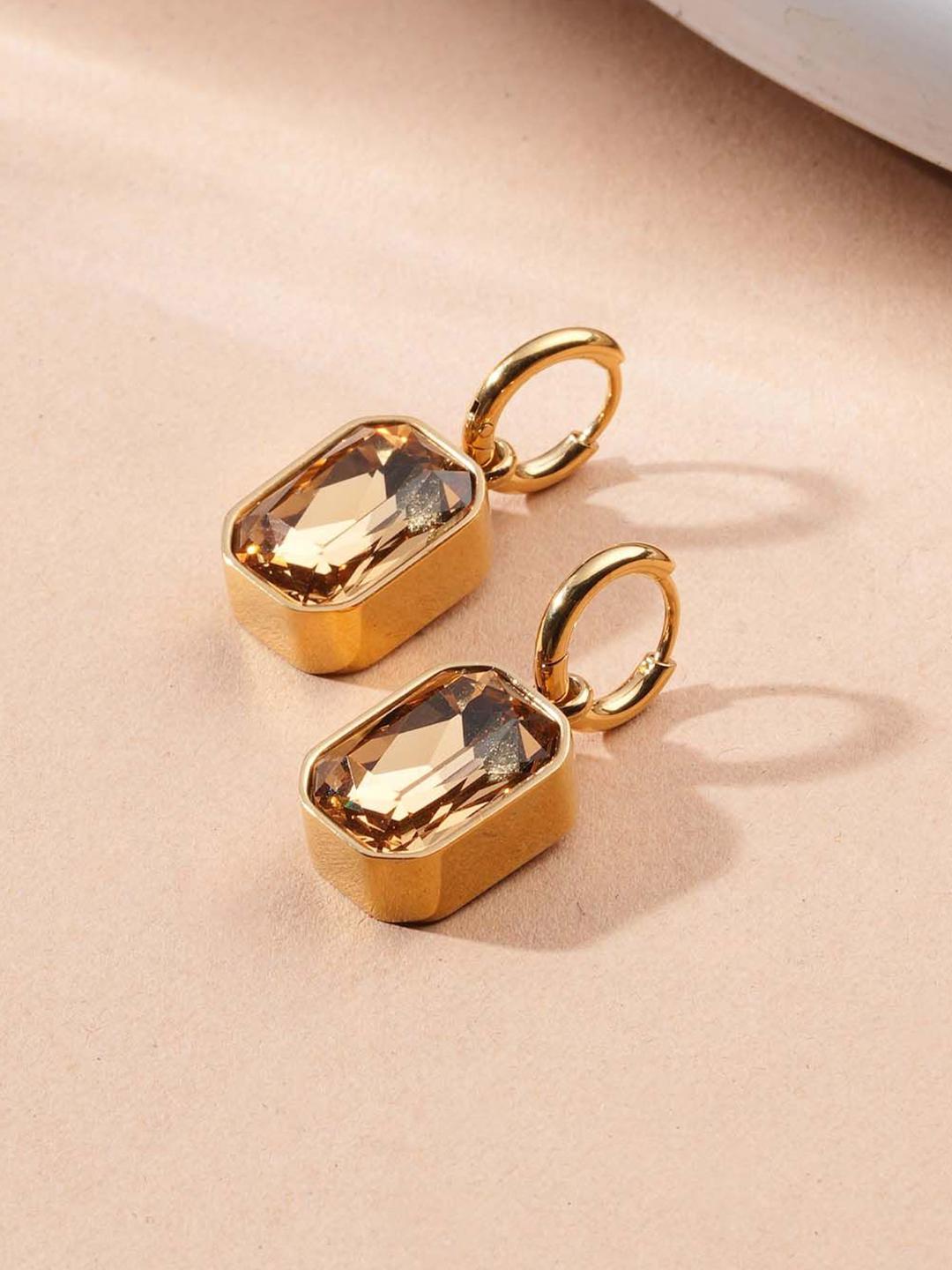 Buy PALMONAS Gold Plated Cuboid CZ Stone Waterproof Drop Earrings ...