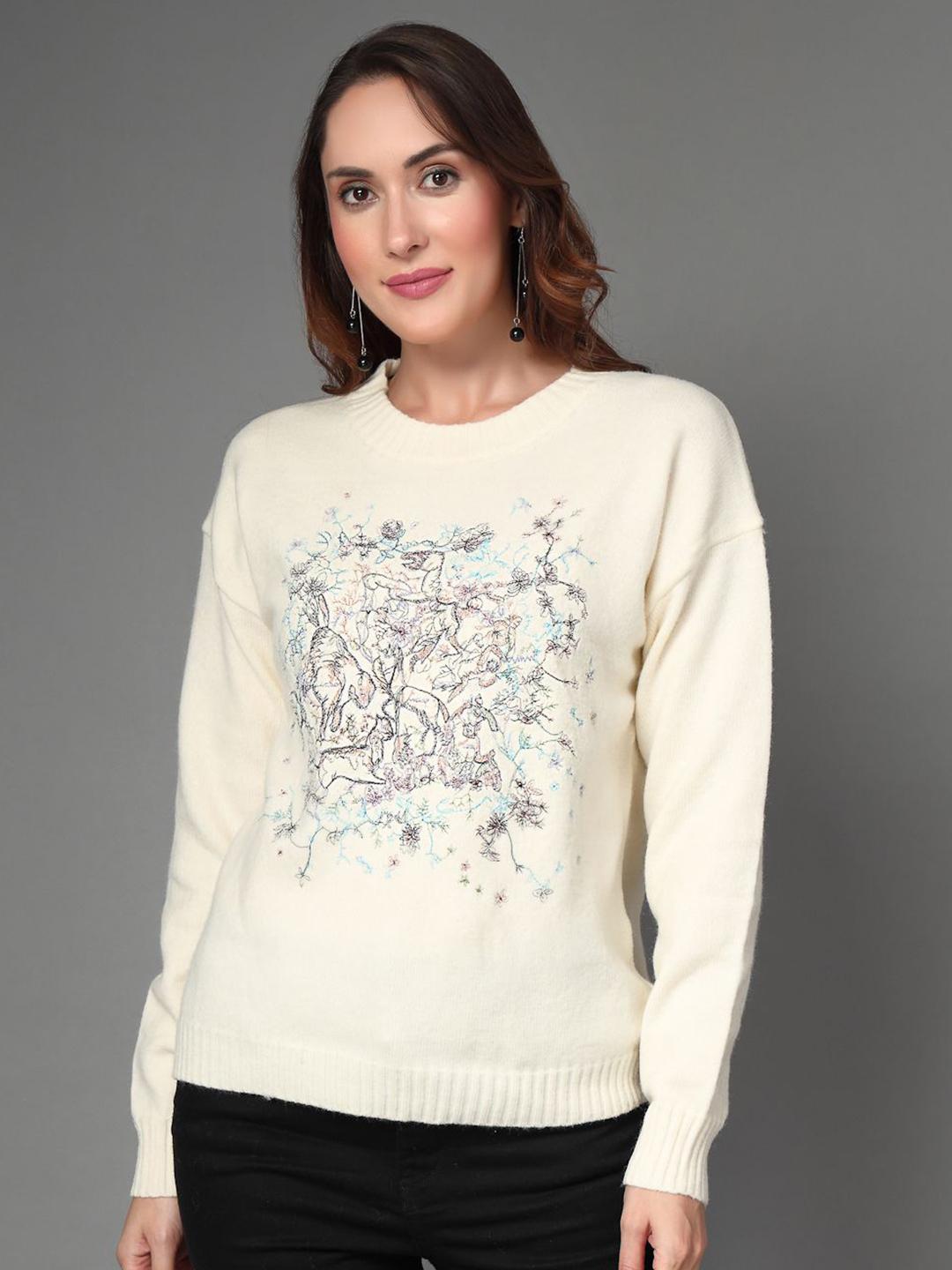 Buy Mafadeny Women Round Neck Self Design Cuffed Sleeves Top - Sweaters ...