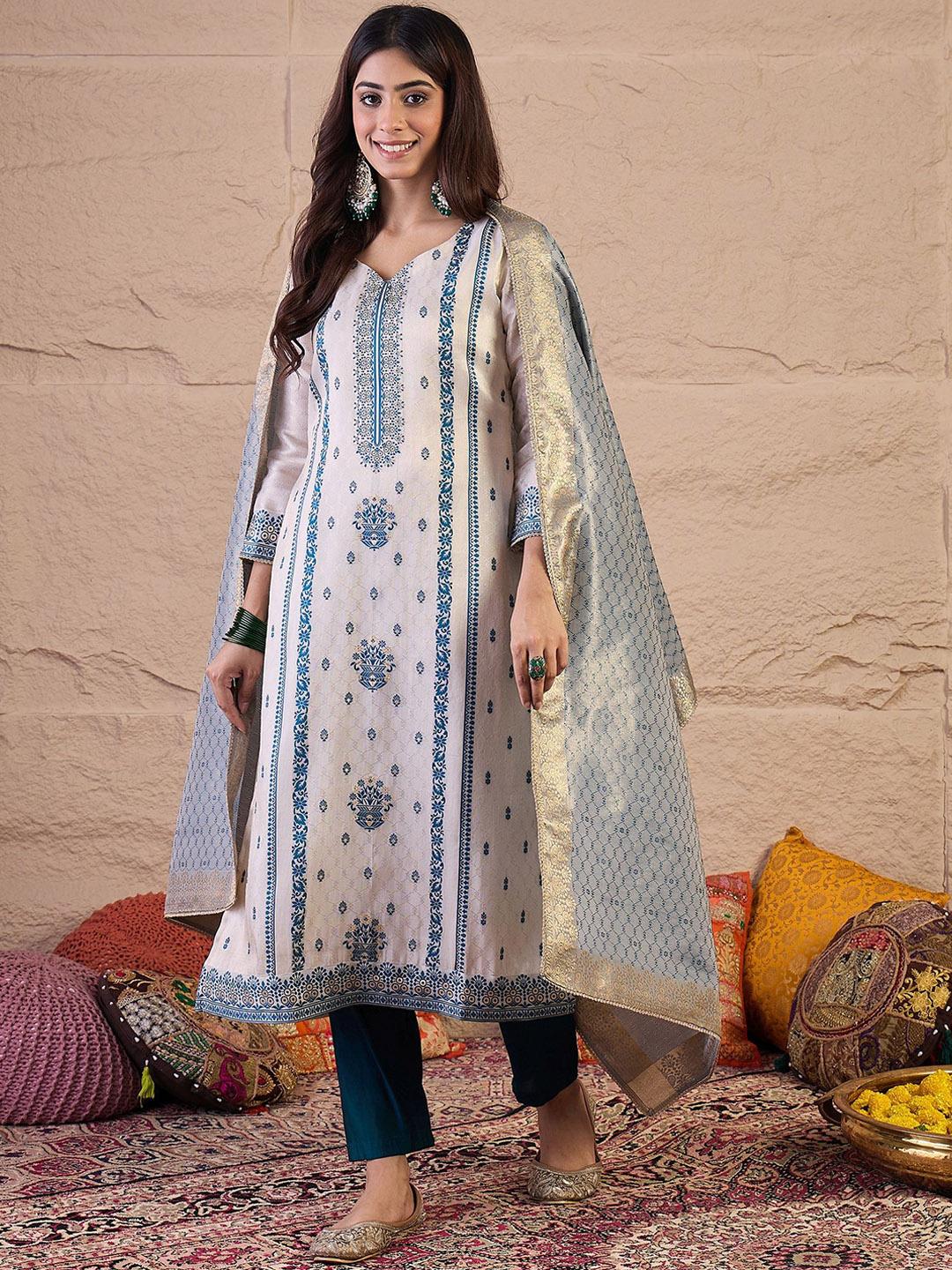 Buy Inddus Women Ethnic Motifs Zari Woven Design Jacquard Kurta Set ...