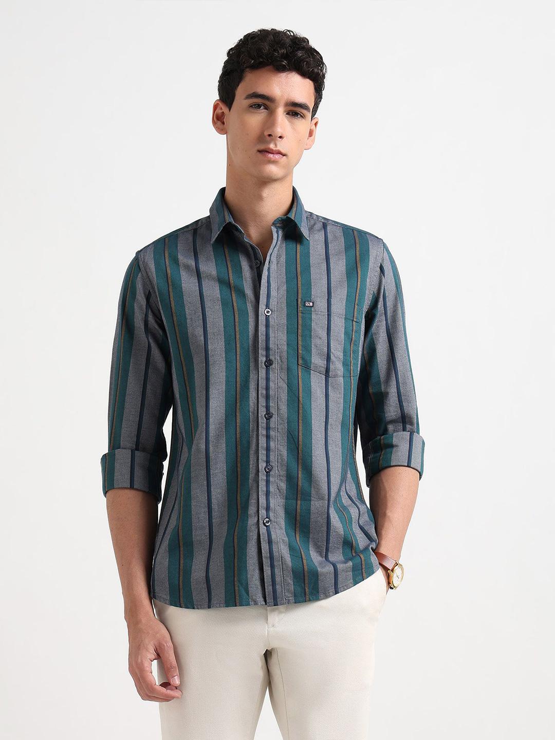 Buy Arrow Sport Men Vertical Striped Spread Collar Pure Cotton Casual ...