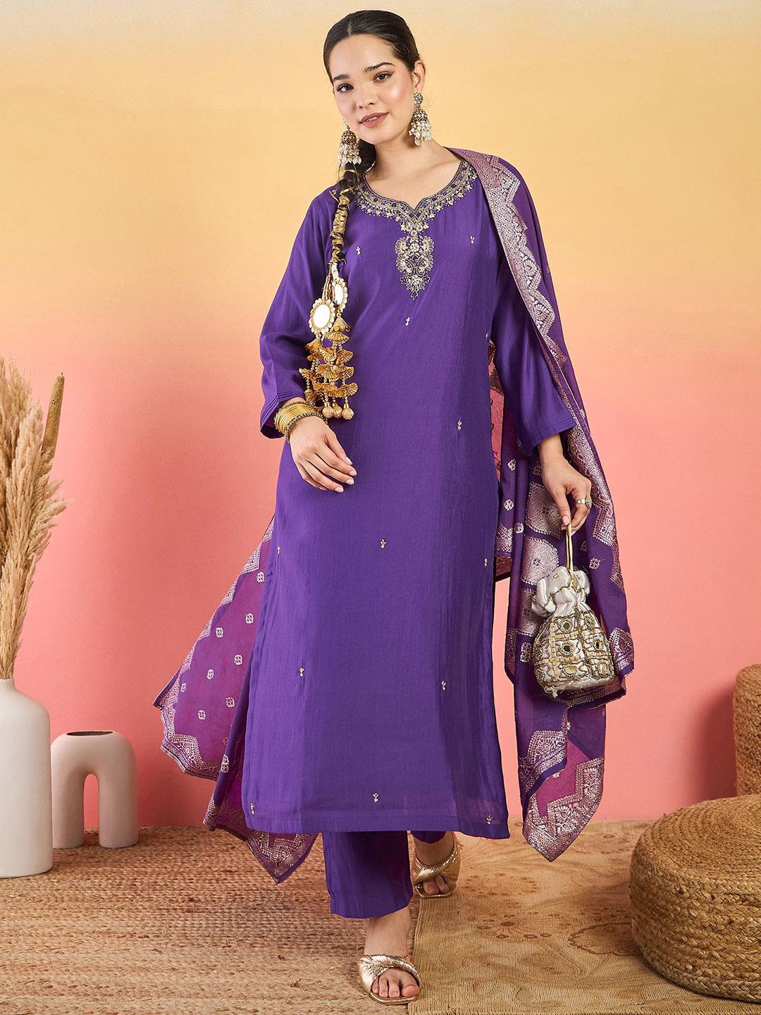 Buy Varanga Women Ethnic Motifs Embroidered Beads And Stones Kurta With Trouser & Dupatta ...