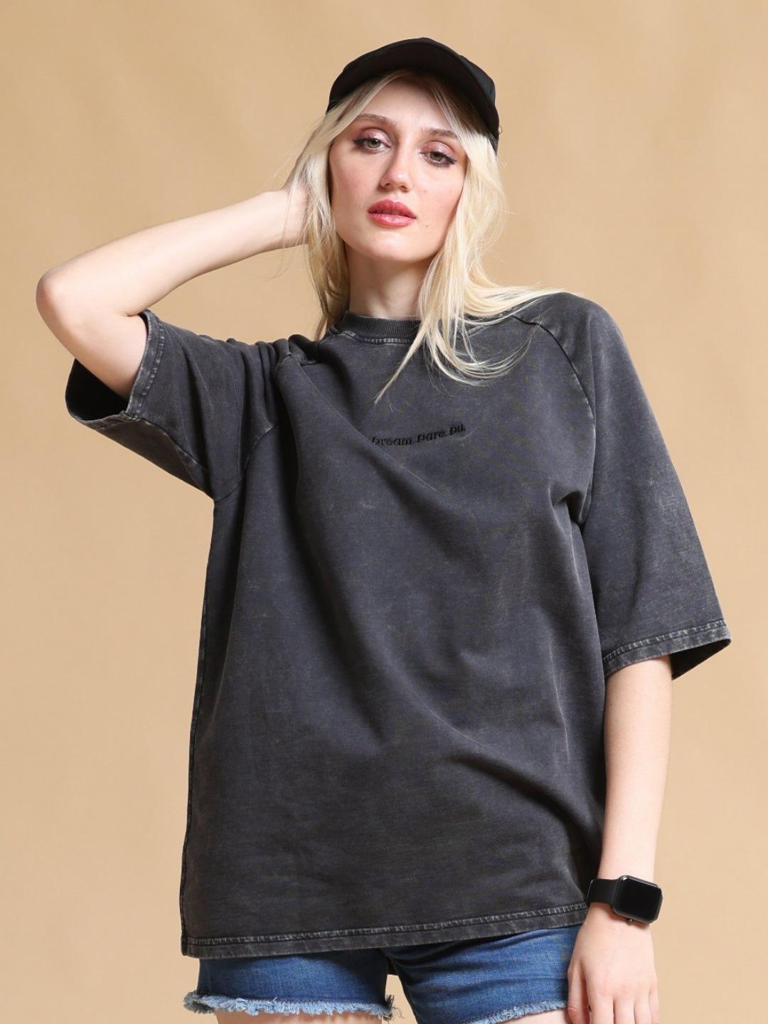 Buy VUDU Women Washed Effect Dyed Round Neck Cotton Oversized T Shirt ...