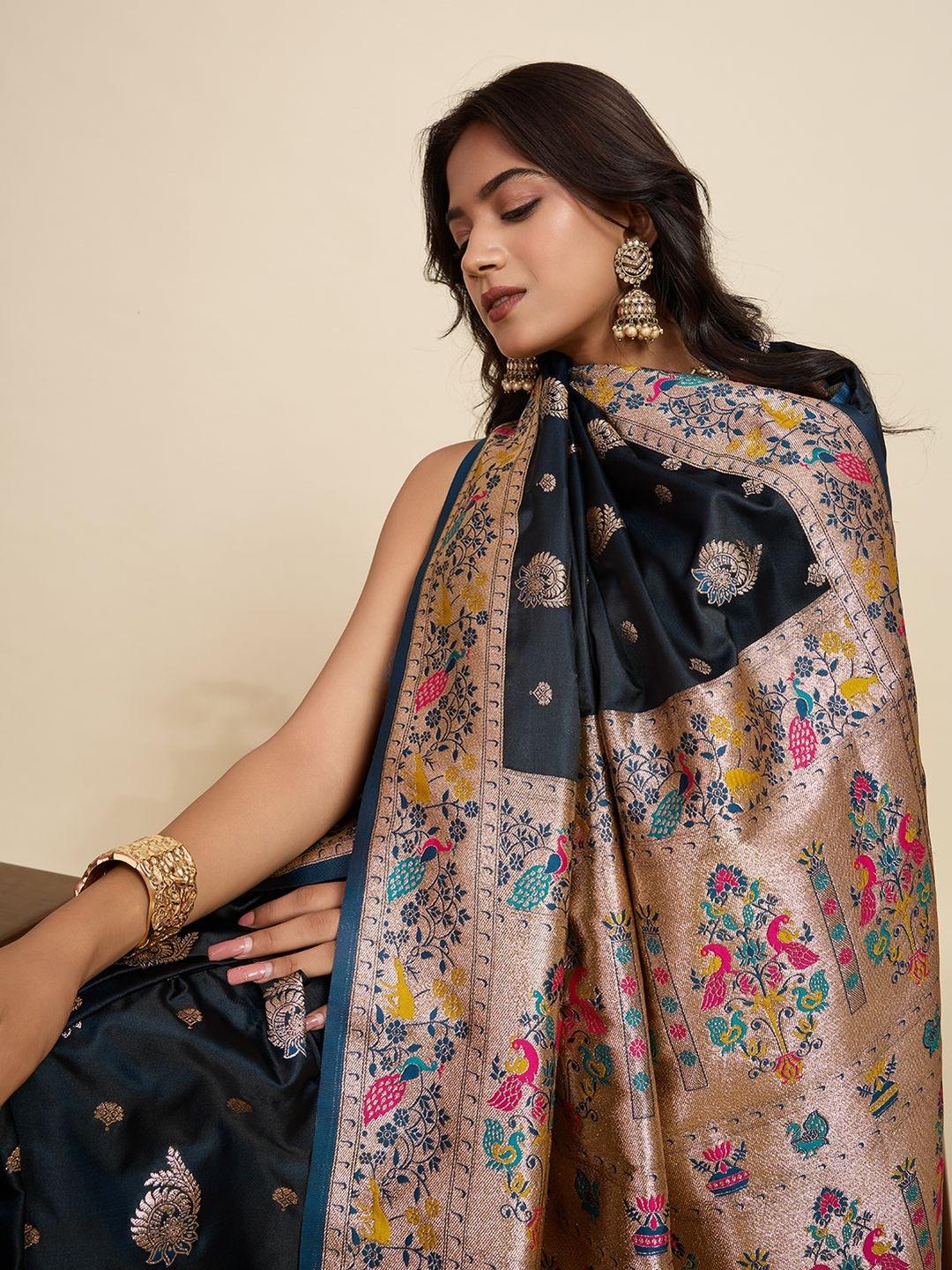 Buy All About You Ethnic Motifs Woven Design Zari Satin Paithani Saree ...