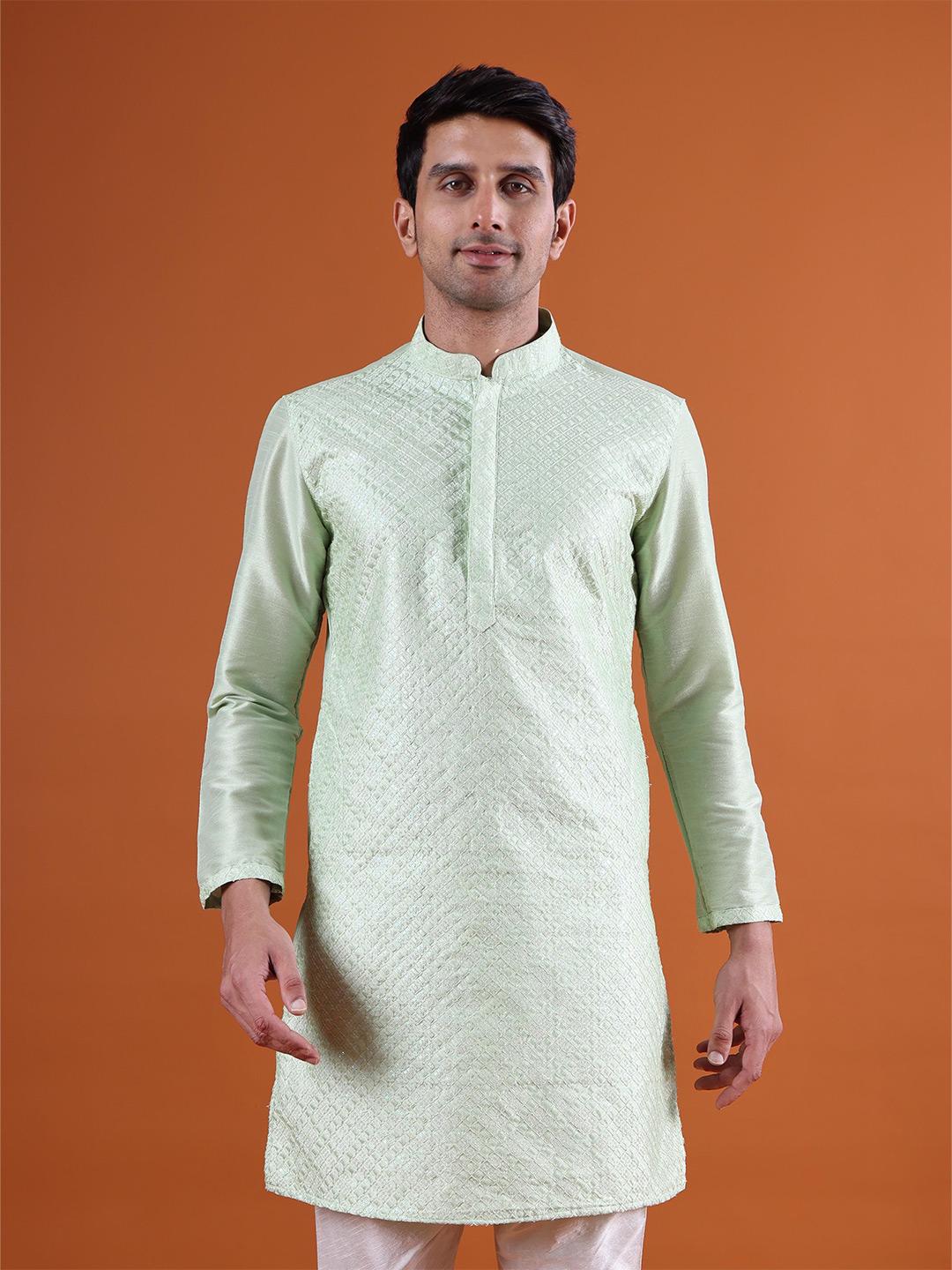 Buy NAMASKAR Men Geometric Embroidered Festive Silk Straight Kurta ...