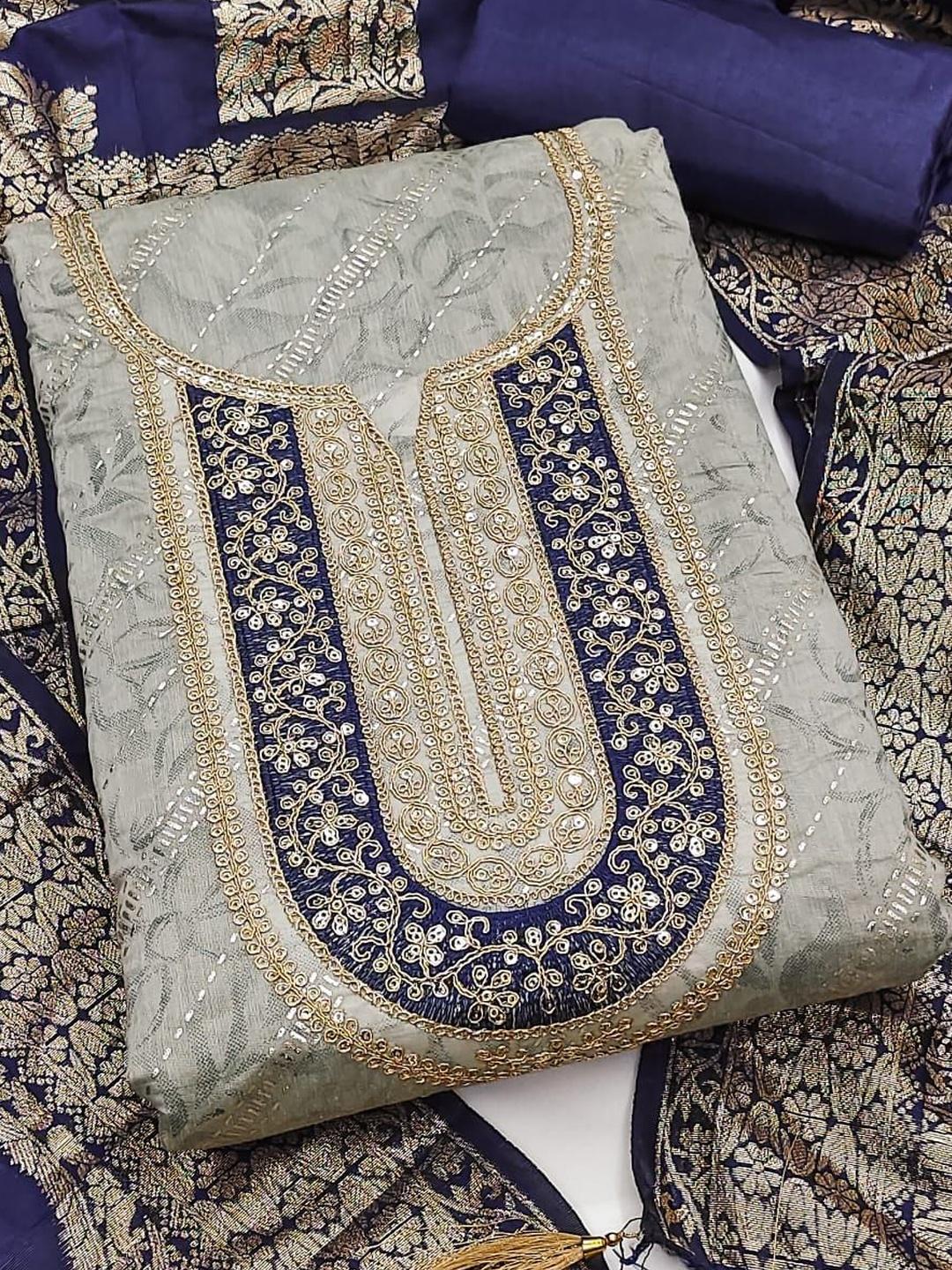 Buy Grey Chanderi Printed With Codding Work Unstitched Dress Material ...