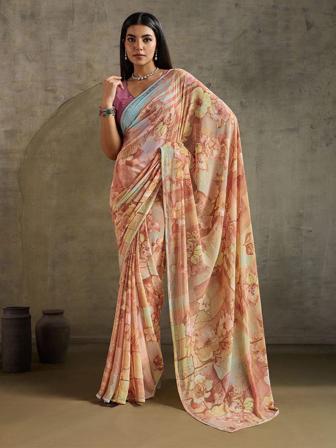 Buy Mitera Floral Printed Beads And Stones Saree - Sarees for Women ...