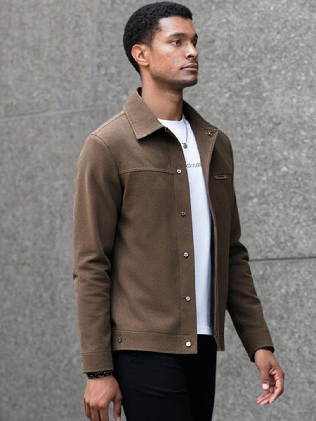 Buy HERE&NOW Men Coffee Brown Polyester Solid Open Front Jacket ...