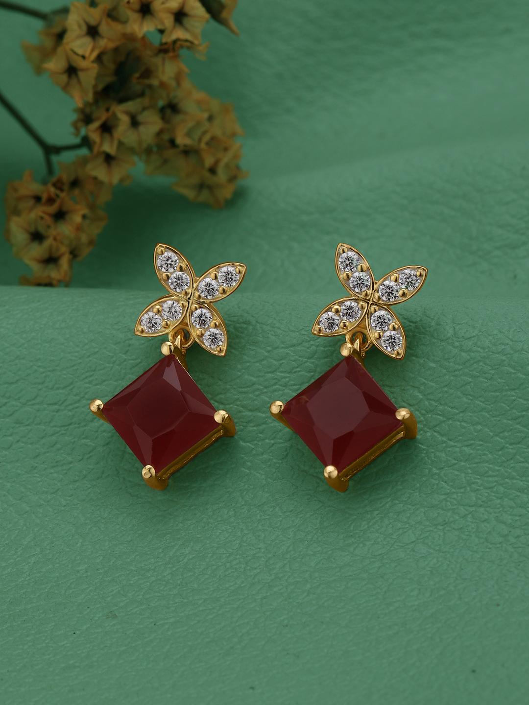 Buy Carlton London 18kt Gold Plated CZ Floral Ruby Square Drop Earring ...