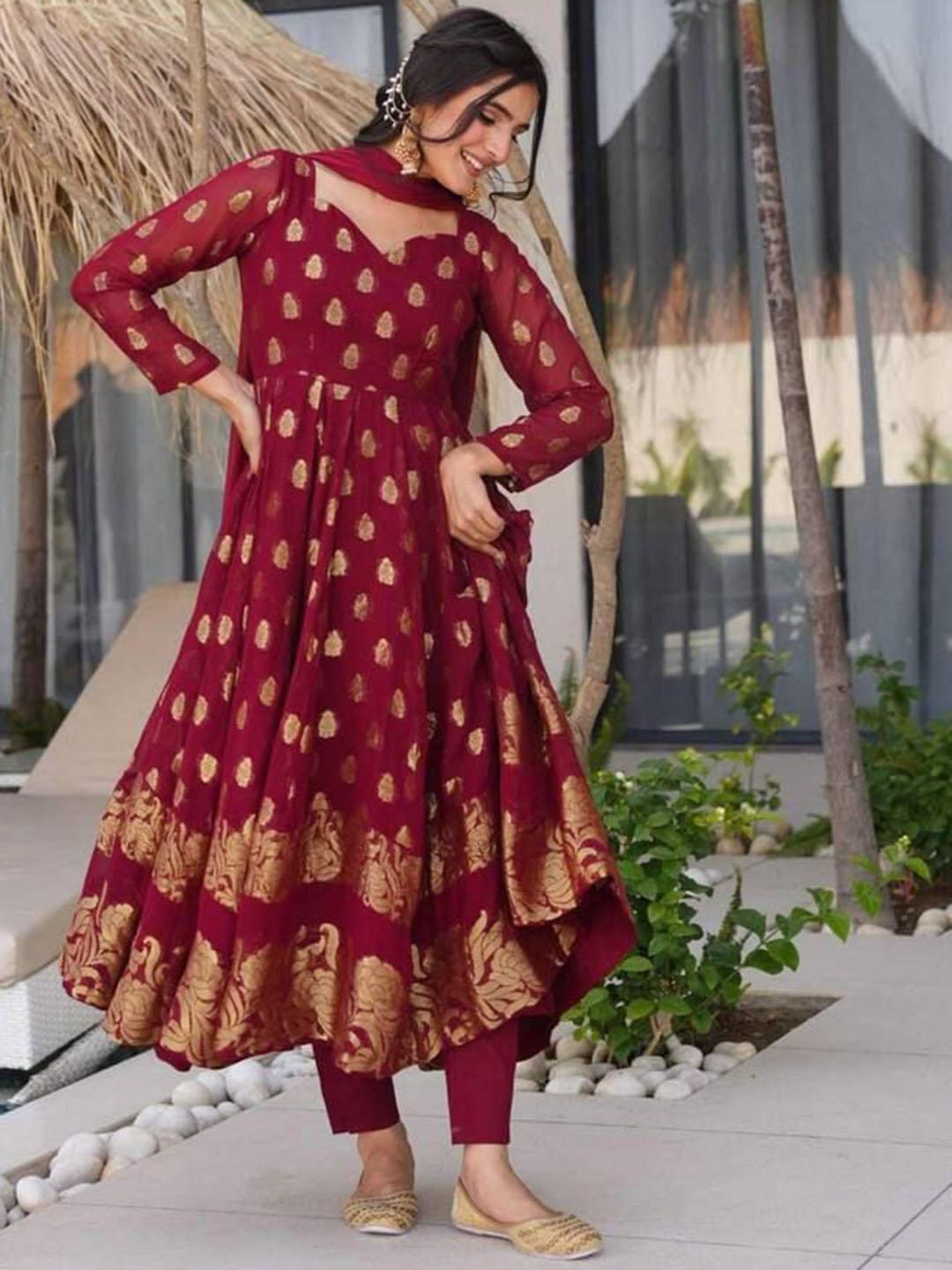 Buy CRAFTLE Woven Design Zari Anarkali Jacquard Kurta Set With Dupatta - Kurta Sets for Women ...