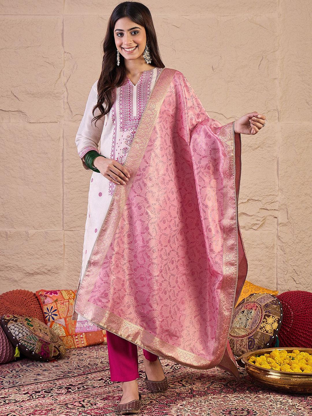 Buy Inddus Women Floral Zari Woven Design Jacquard Kurta Set With ...