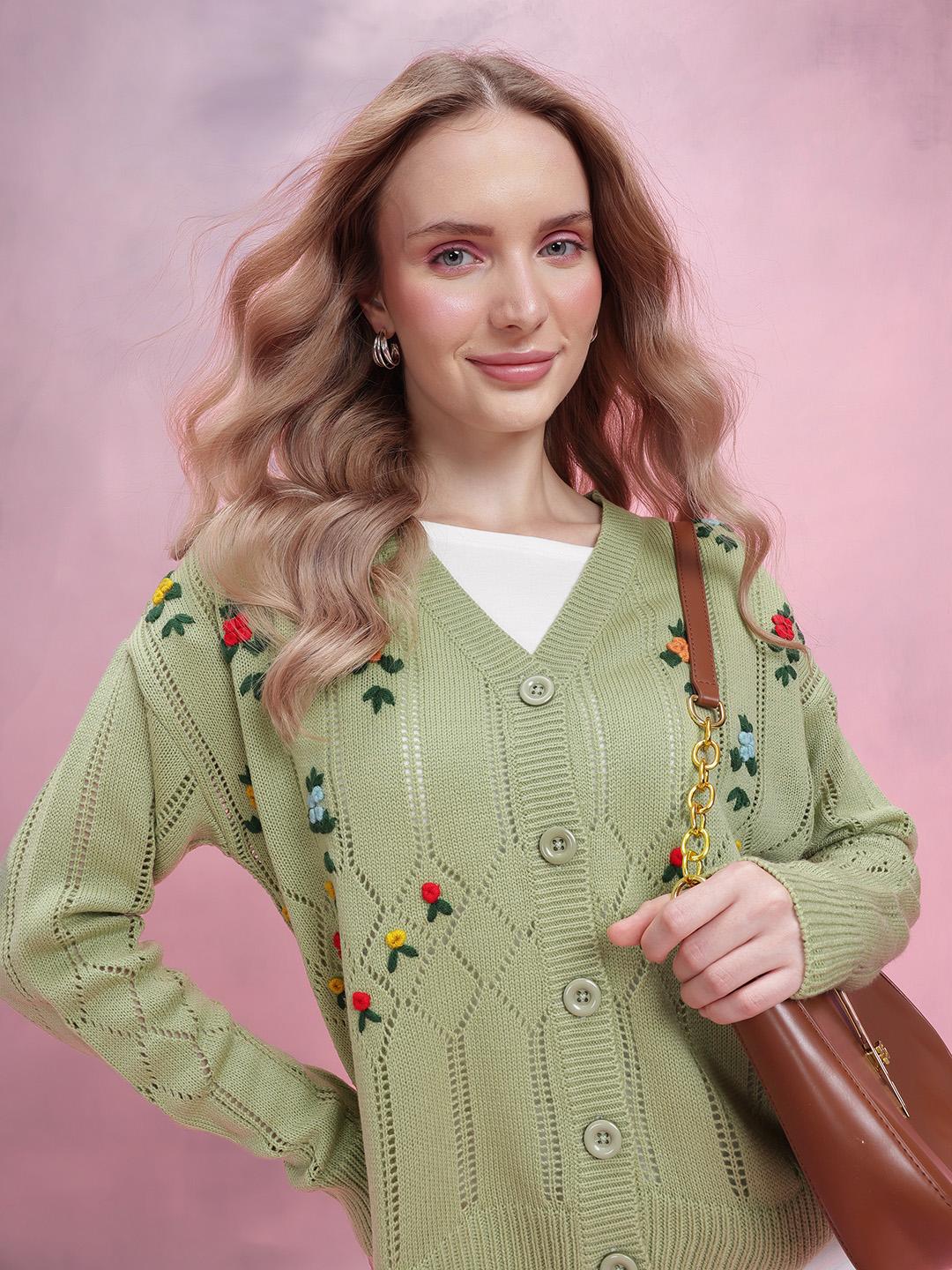 Buy DressBerry Se;f Design Floral V Neck Cardigan - Sweaters for Women ...
