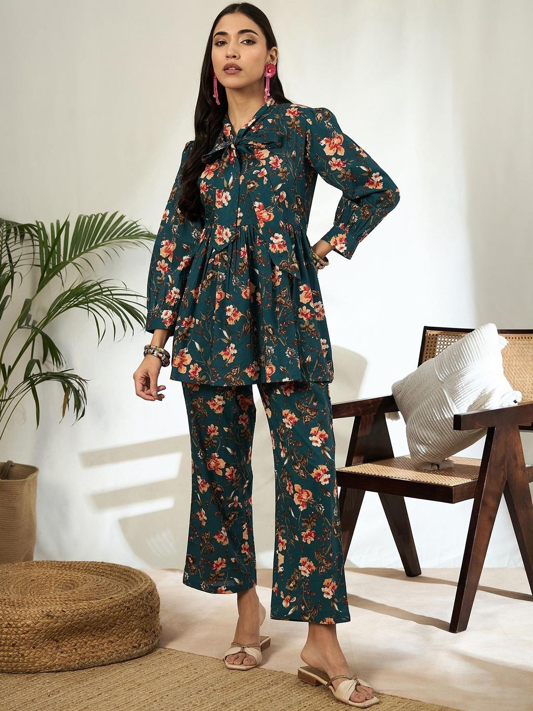 Buy Here & Now Women Teal Floral Printed Knot Style Coord Set - Co Ords ...