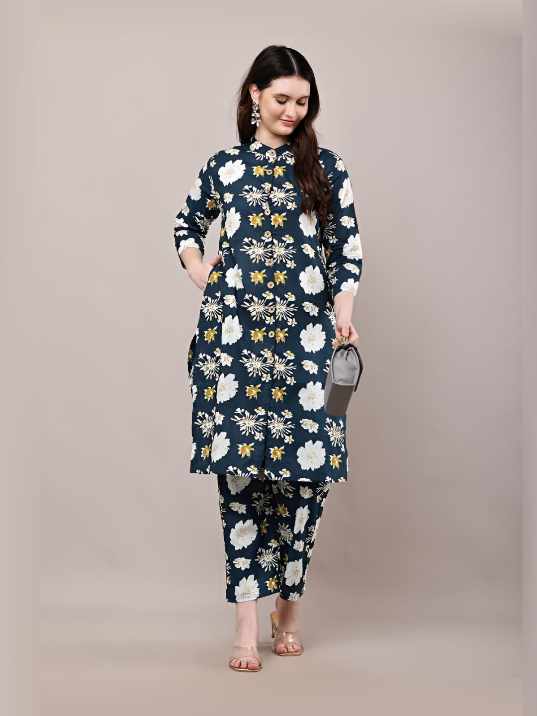 Buy DREAM X FASHION Floral Printed Band Collar Phulkari Kurta With ...