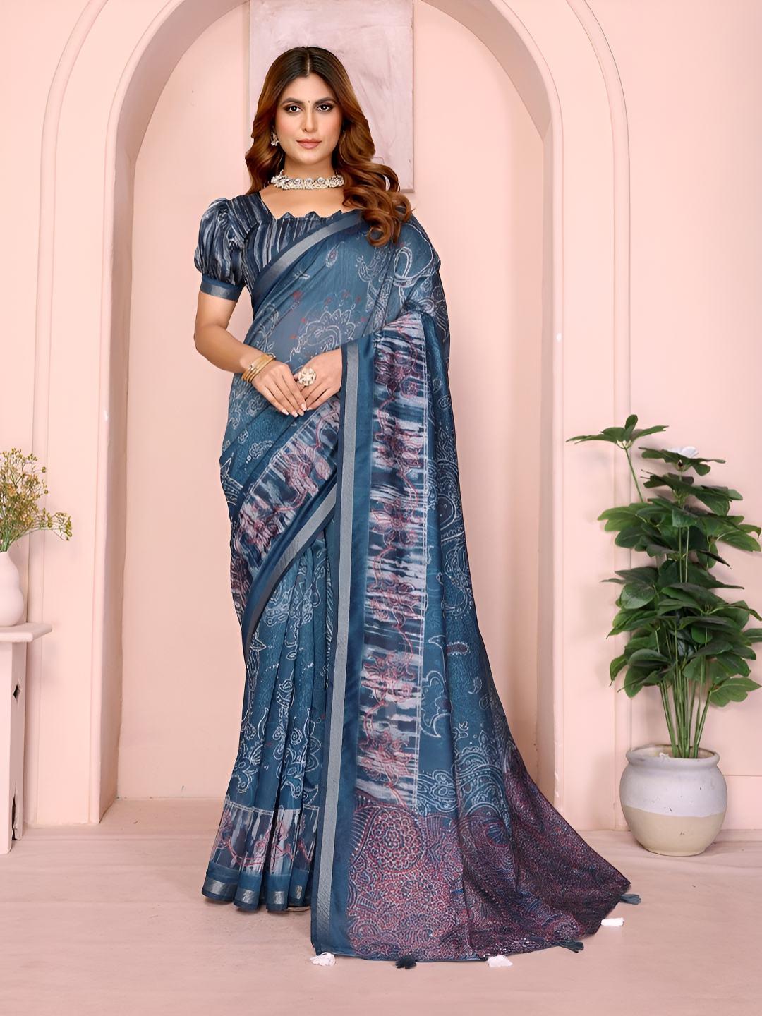 Buy TANU CREATIONS Ethnic Motifs Printed Chanderi Saree With Zari ...