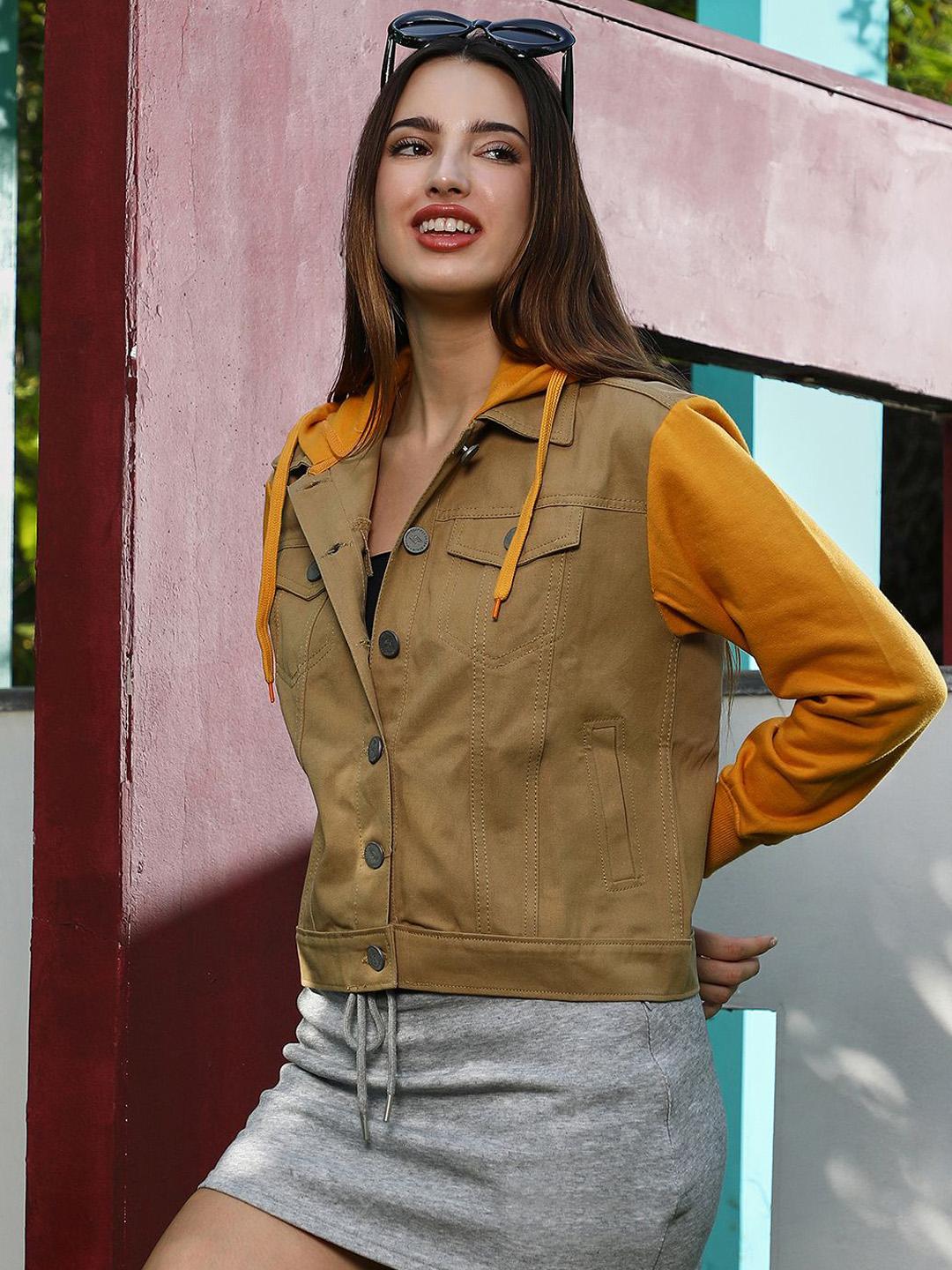 Buy Campus Sutra Women Hooded Colourblocked Lightweight Denim Jacket ...