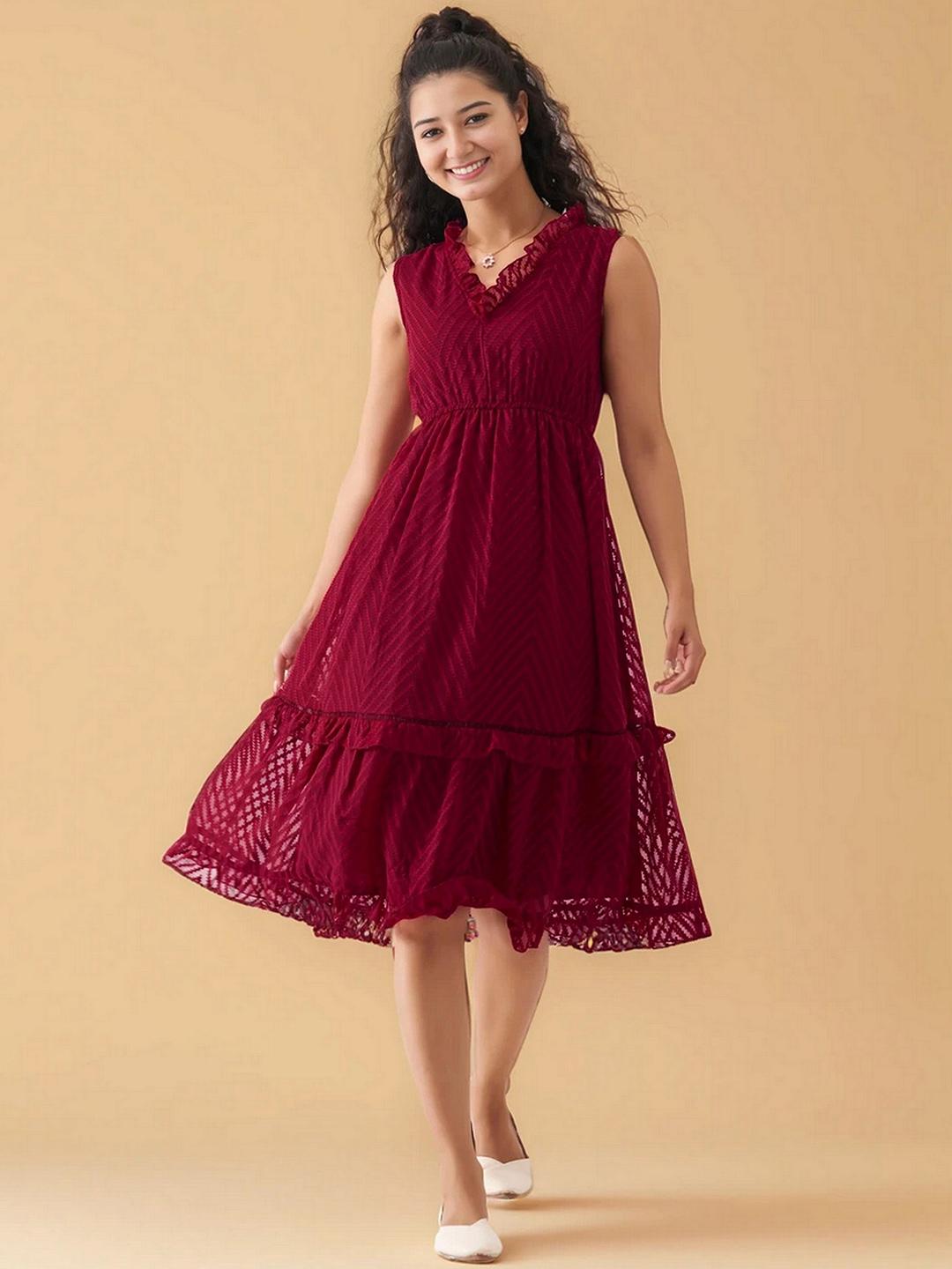 Buy Aask Women Self Design V Neck Ruffles Tiered Fit Flare Midi Dress