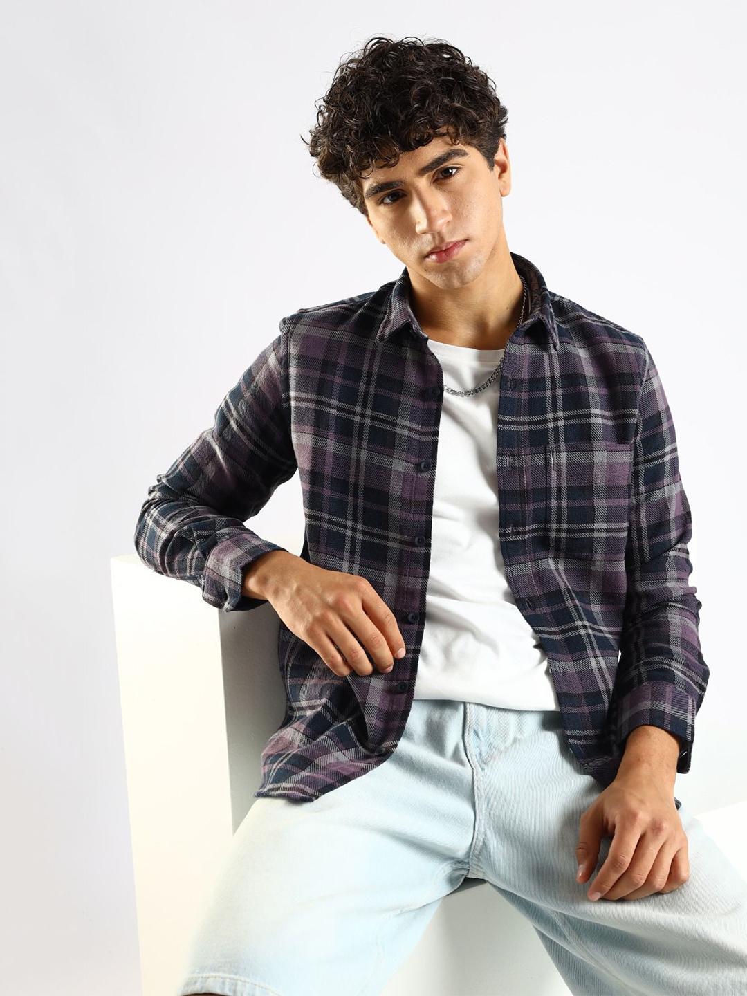 Buy Blu MNKY Men Classic Slim Fit Buffalo Checked Spread Collar Cotton ...