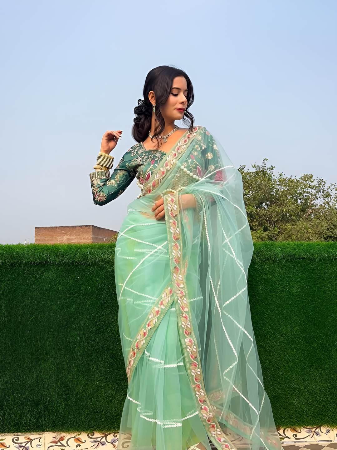 Buy Saturn Creation Embellished Embroidered Net Heavy Work Saree ...