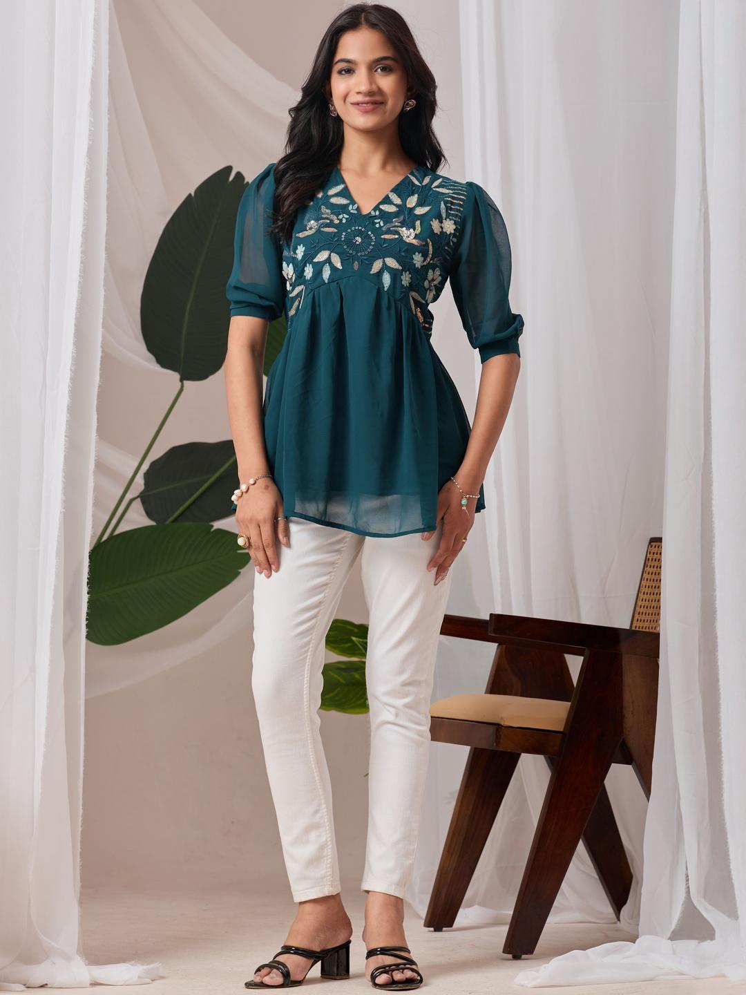 Buy HEMANG FASHION Women Teal Georgette Floral Embroidered Top - Tops ...