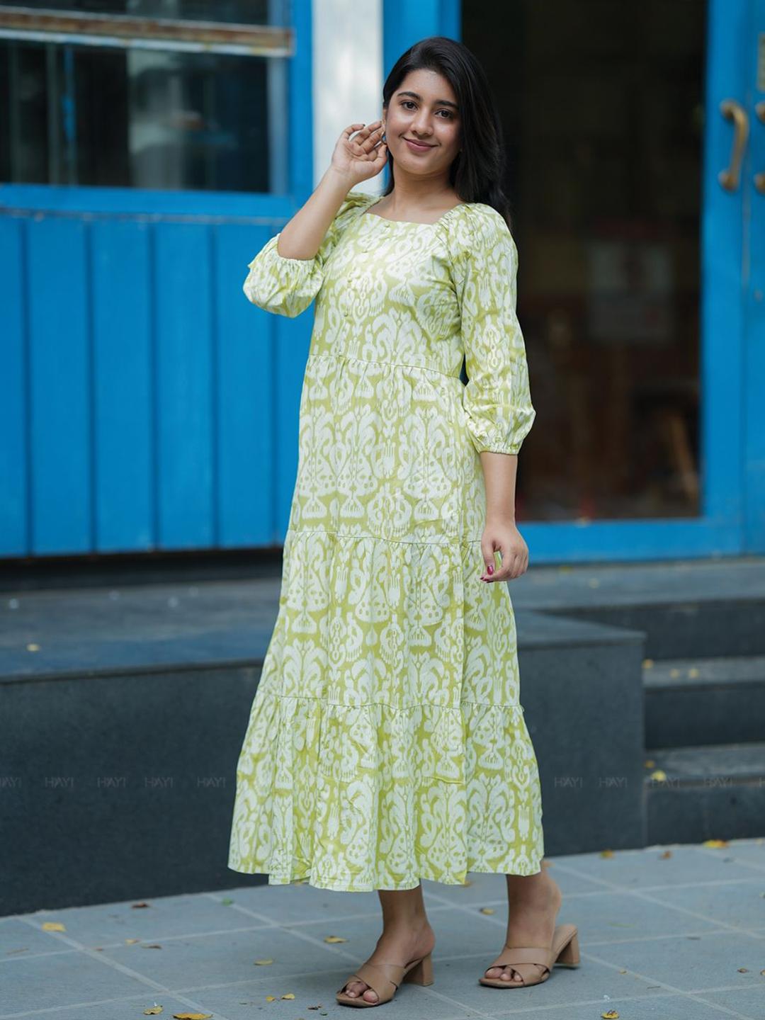 Buy HAY Women Ethnic Motifs Printed Square Neck Puff Sleeves Fit And ...