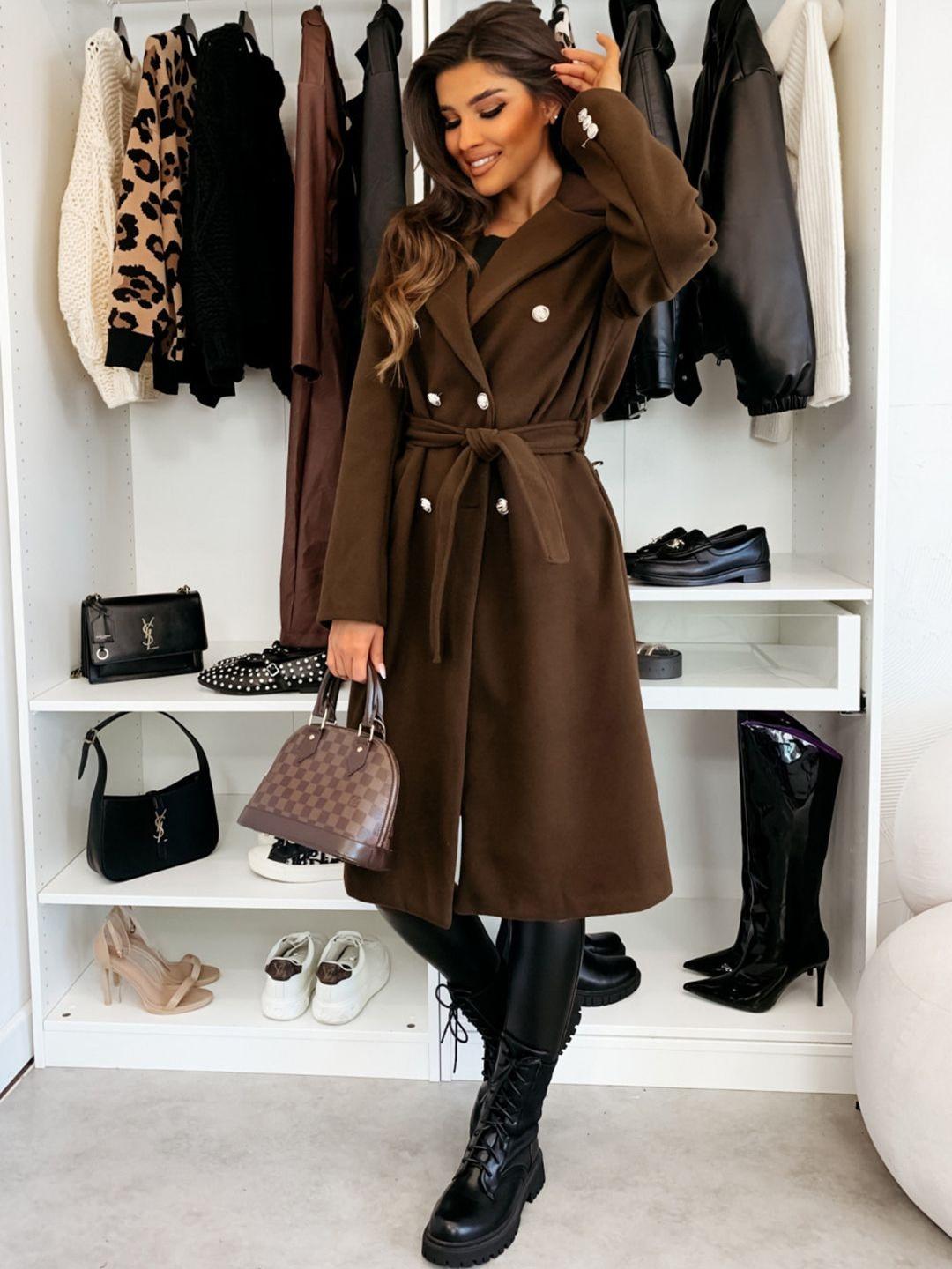Buy DressBerry Women Brown Solid Regular Fit Polyester Long Overcoat ...