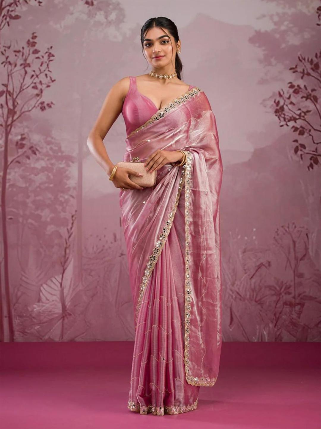 Buy ODETTE Embroidered Embellished Mirror Work Border Saree With Blouse ...