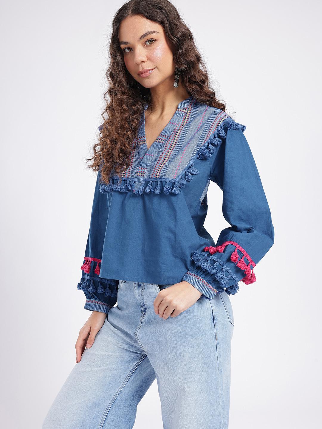 Buy Glitchez Self Design Striped V Neck Tassel Detail Top - Tops for ...