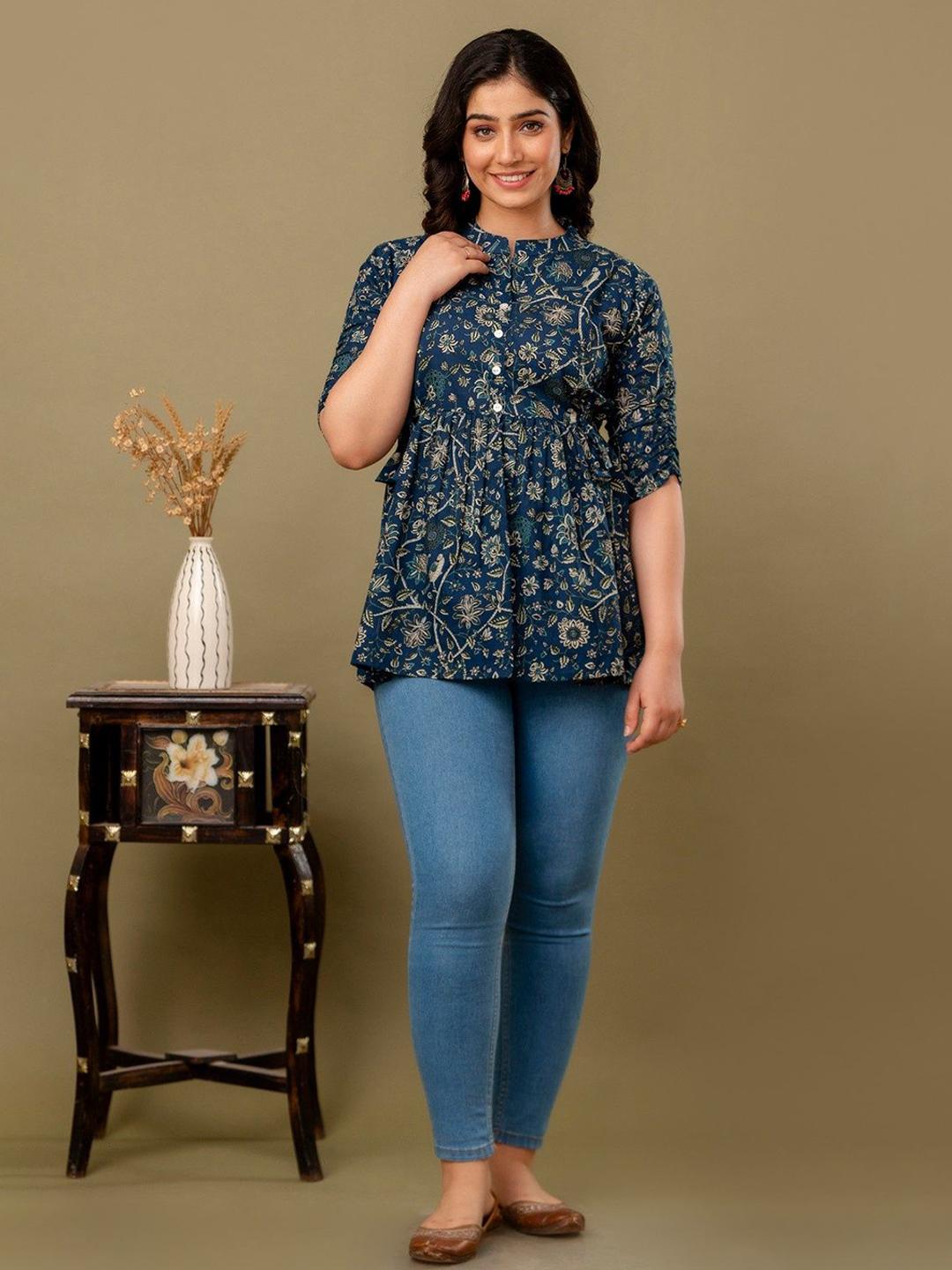 Buy FASHION SWAG Ethnic Motifs Printed Mandarin Collar Cotton Peplum ...