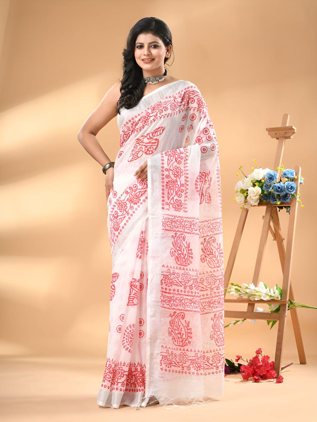 Buy WoodenTant White & Red Printed Linen Blend Saree - Sarees for Women ...