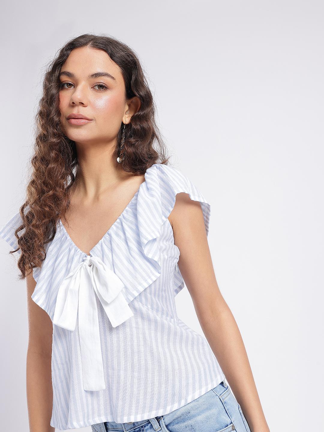 Buy Glitchez Striped Ruffled V Neck Top - Tops for Women 33329608 | Myntra