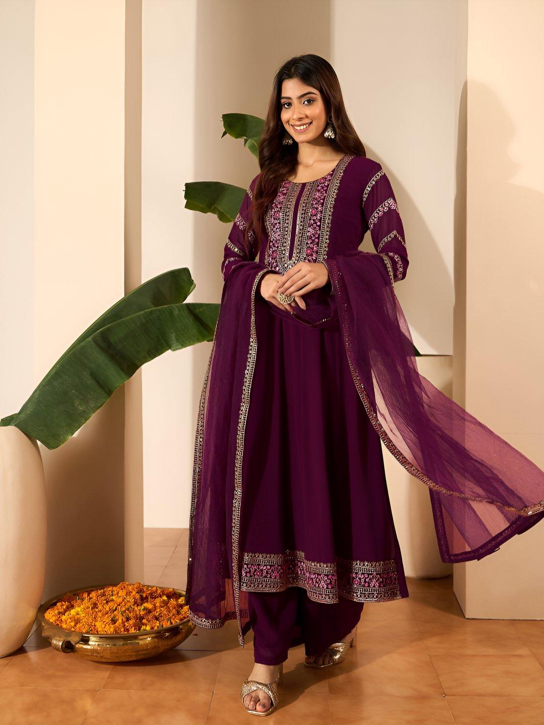 Buy Inddus Women Floral Zari And Thread Embroidered Kurta Set With ...