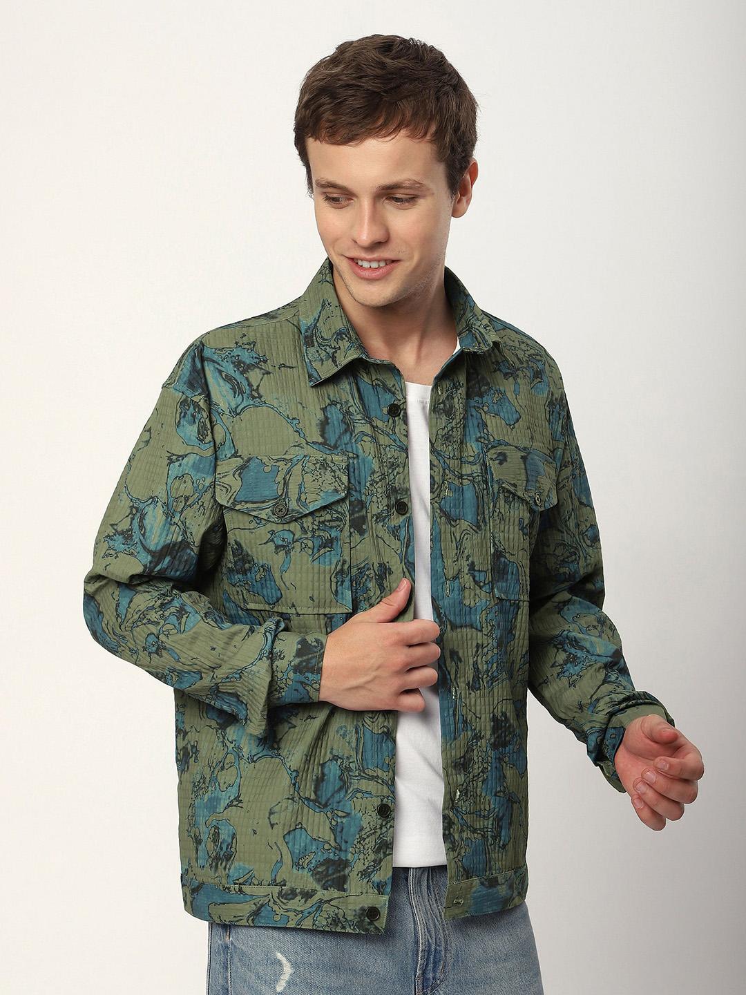 Buy Beyoung Men Original Green Abstract Printed Shacket - Shackets for ...
