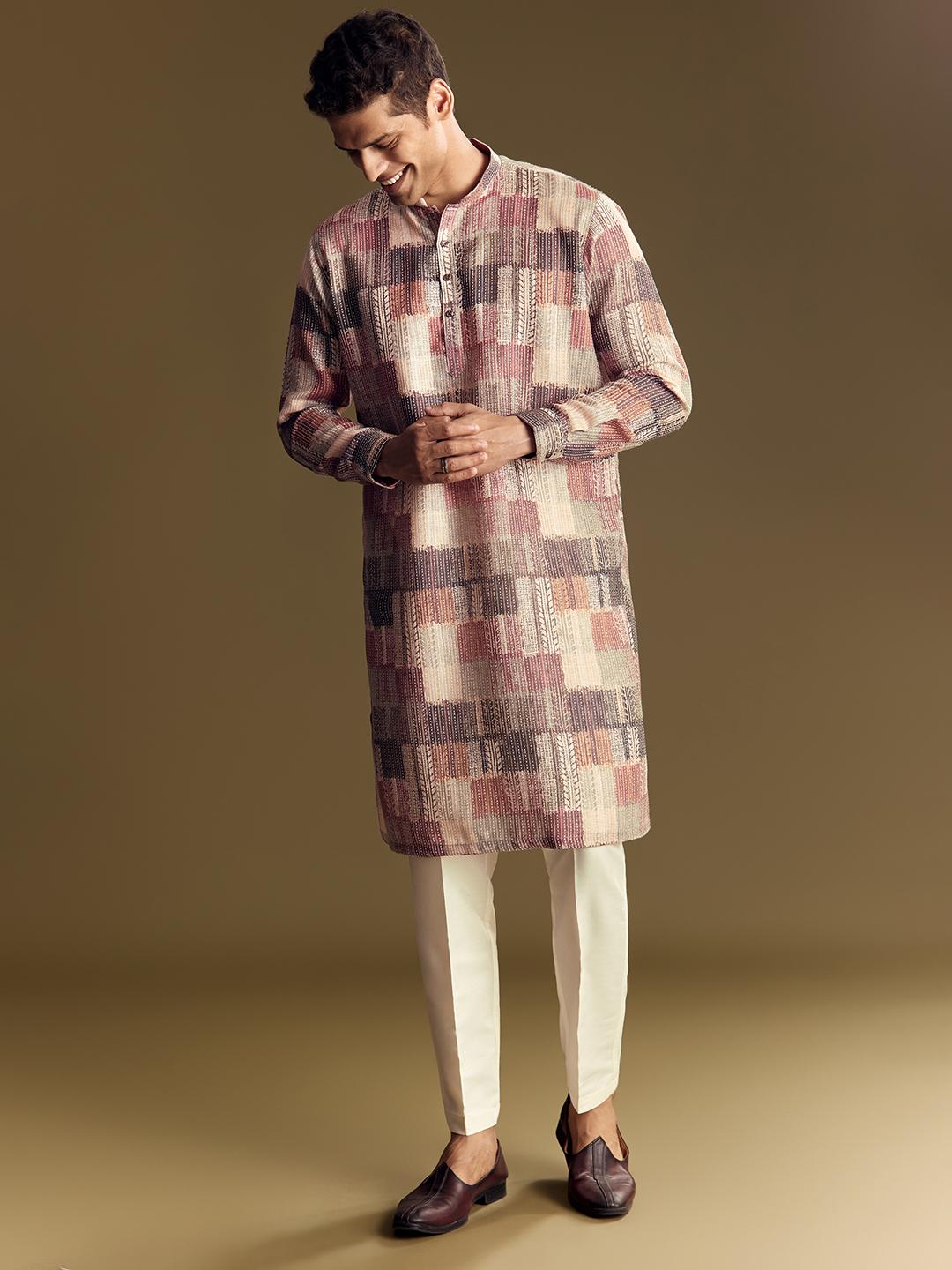 Buy KALKI Fashion Men Printed Regular Kantha Work Linen Kurta With ...