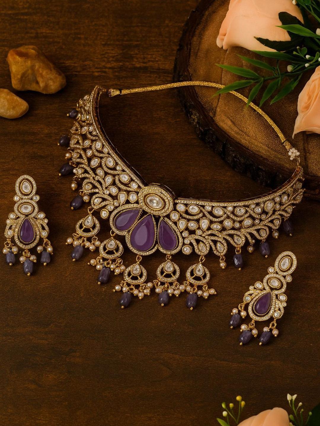Buy TJC Gold Plated Kundan Studded & Artificial Beaded Jewellery Set ...