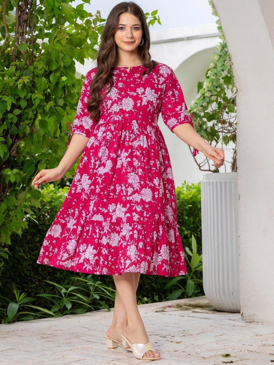 Buy Fashion Unstoppable Floral Print Puff Sleeve Fit & Flare Midi Dress ...