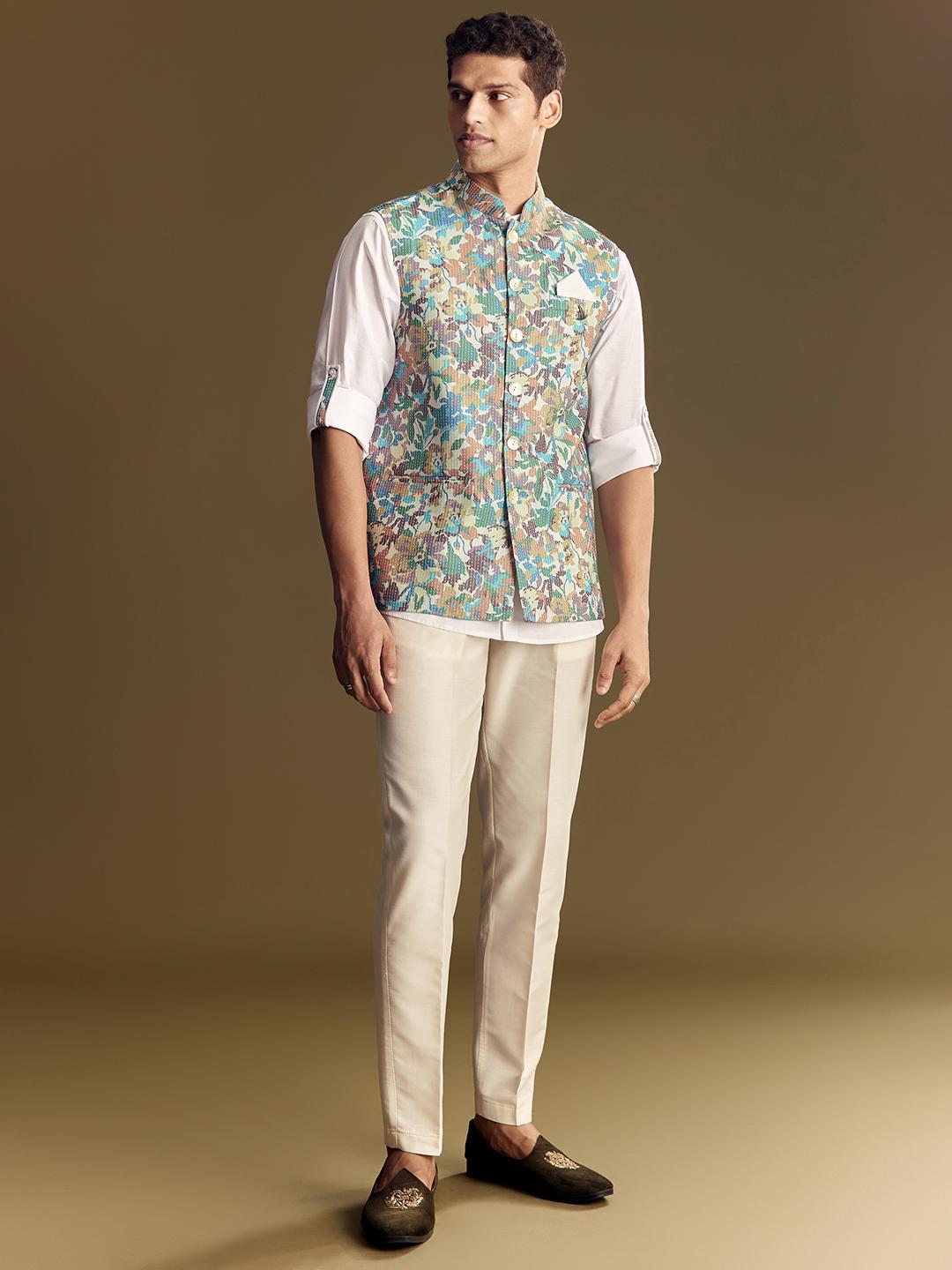 Buy KALKI Fashion Men Floral Printed Linen Kurta With Trousers & Nehru ...