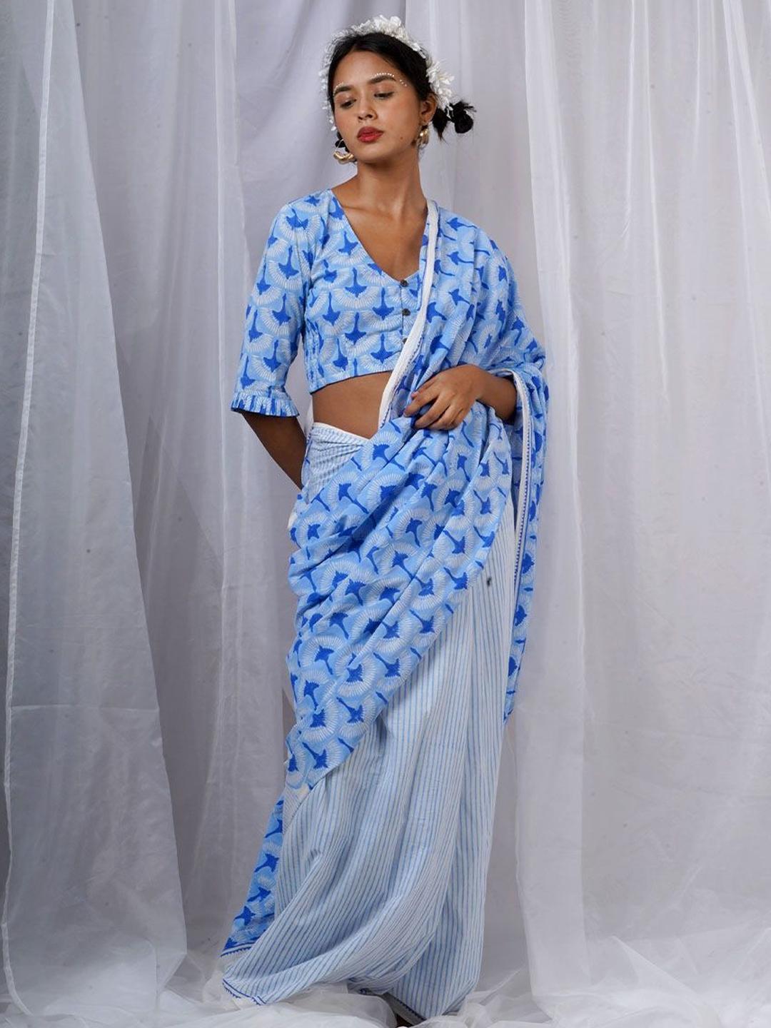 Buy Chidiyaa Floral Block Printed Pure Cotton Saree - Sarees for Women ...