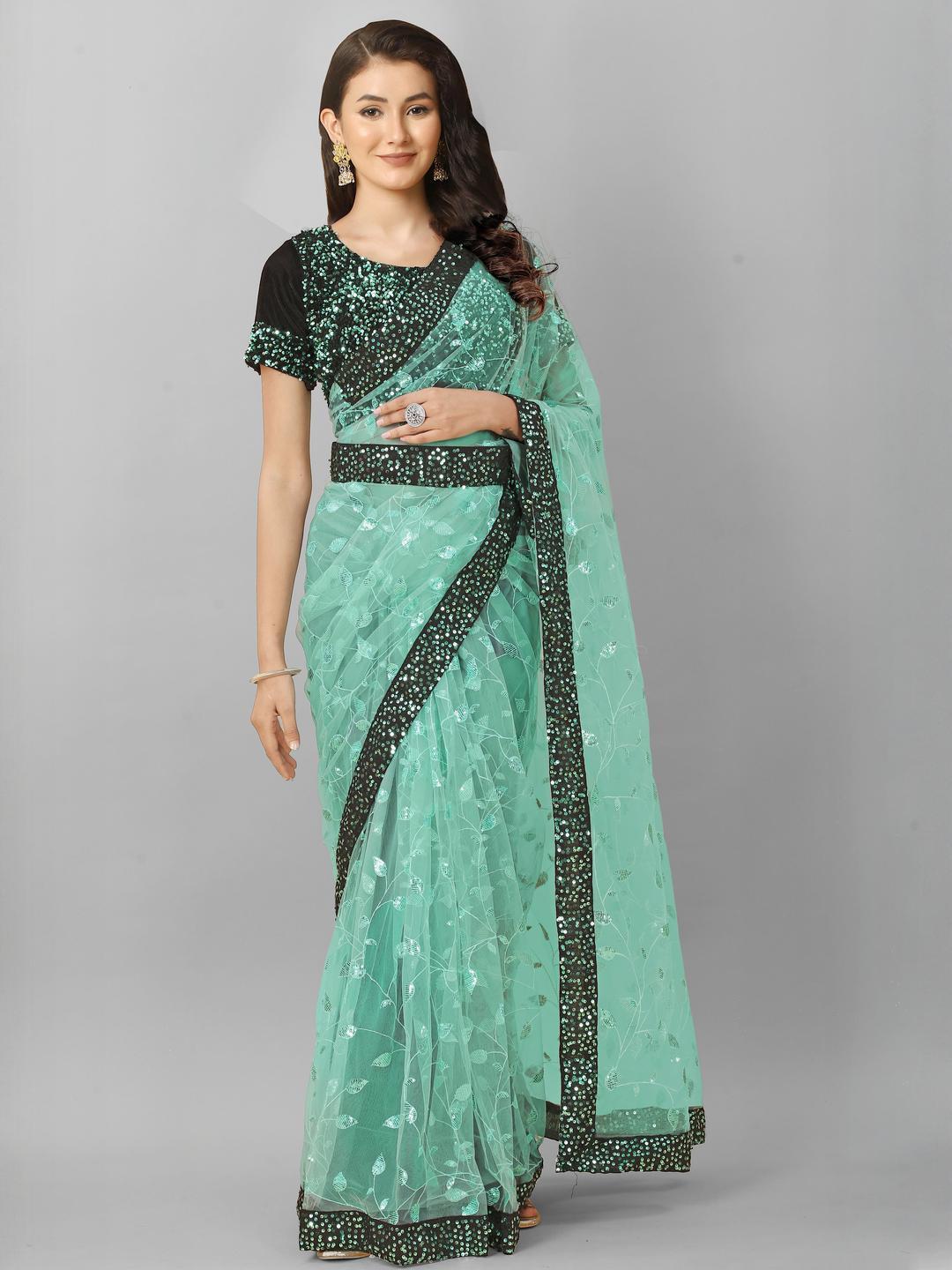 Buy PATTARI Women Sea Green Sequinned Net Designer Saree - Sarees for ...