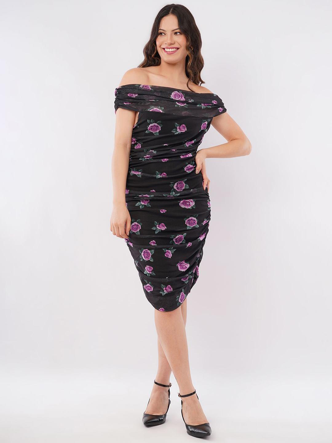 Buy Deshi Girl Women Floral Print Off Shoulder Net Bodycon Dress ...