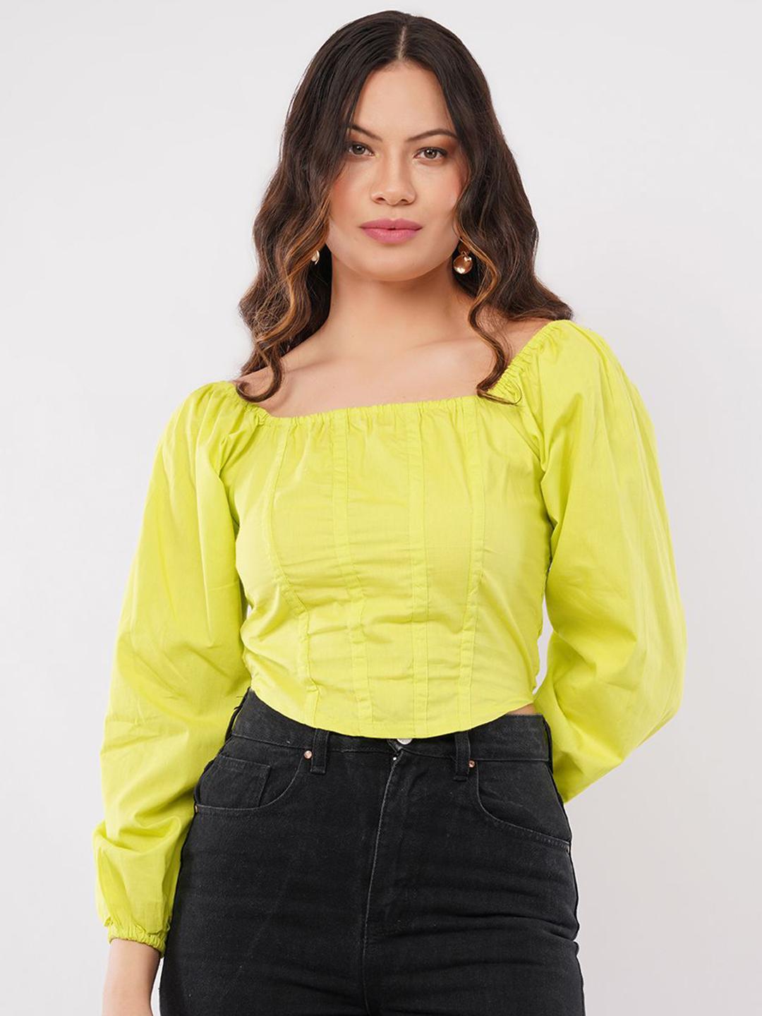 Buy Deshi Girl Women Puff Sleeves Smocked Detail Cotton Crop Top - Tops ...